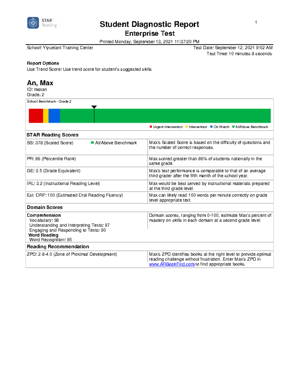 Max - Grade: B - School: Yiyuetant Training Center Test Date: September ...