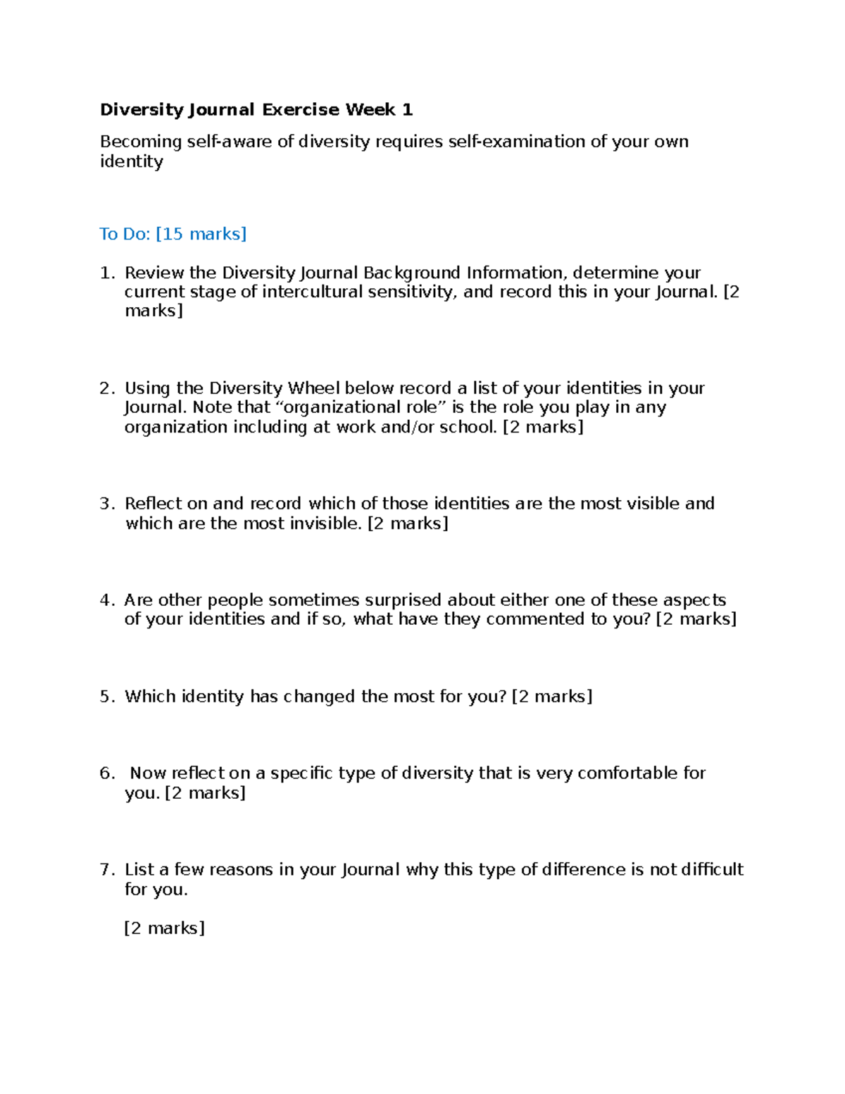 Diversity Journal Exercise Week 1 - [ marks] Using the Diversity Wheel ...