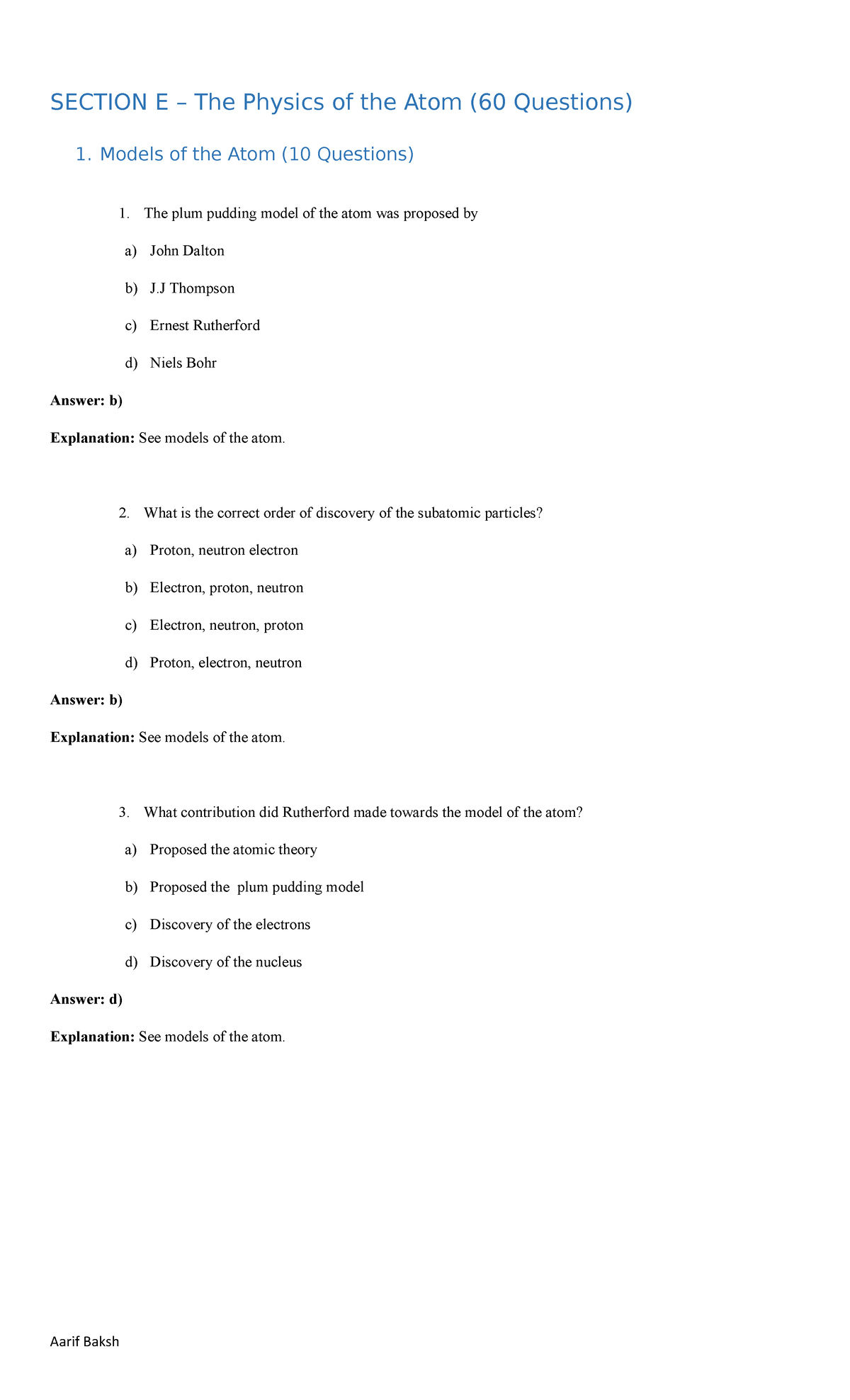 Physics E1 - SECTION E – The Physics of the Atom (60 Questions) 1 ...