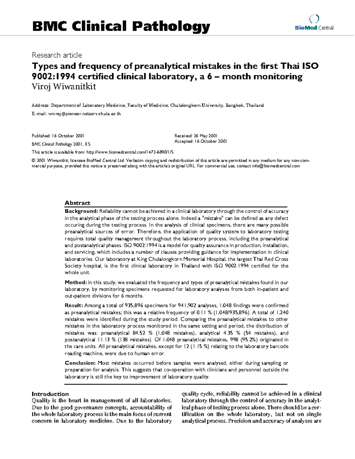 1472 6890 1 5 - Calidad Preanalítica - BMC Clinical Pathology BioMed ...