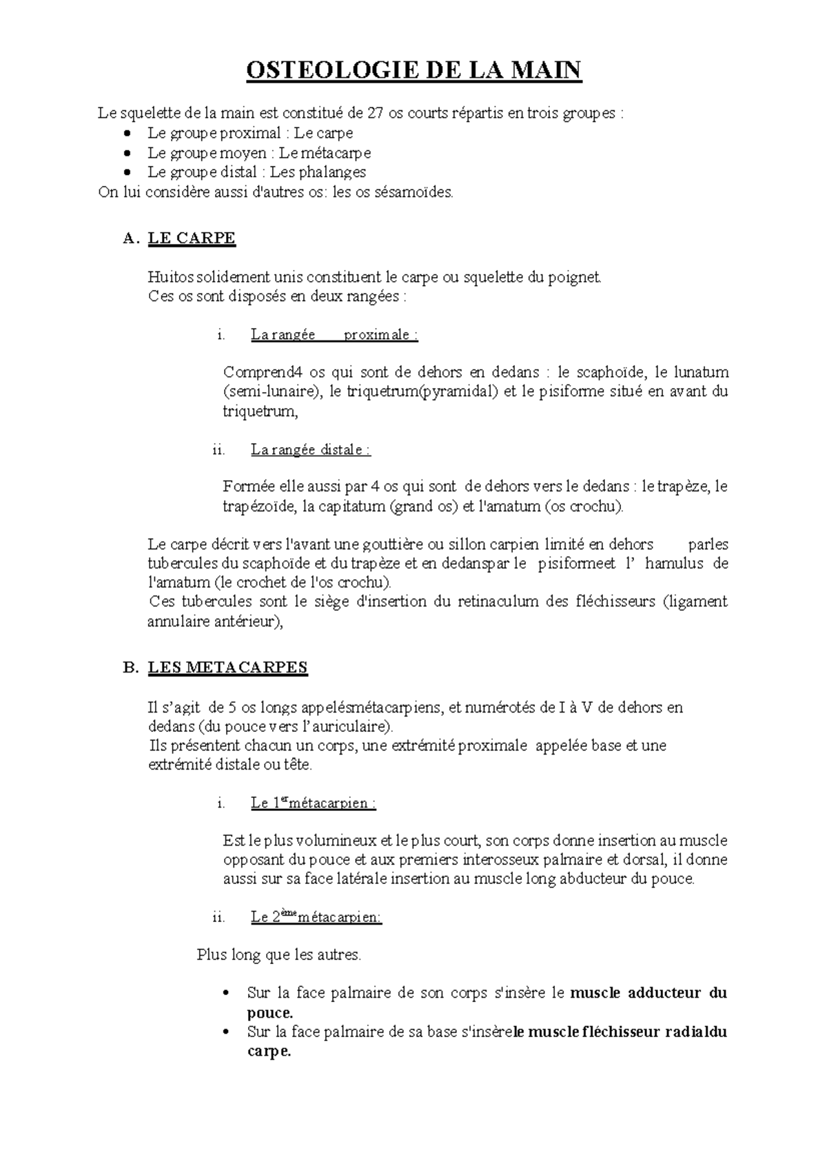 Ostéologie de la main - OSTEOLOGIE DE LA MAIN Le squelette de la main ...
