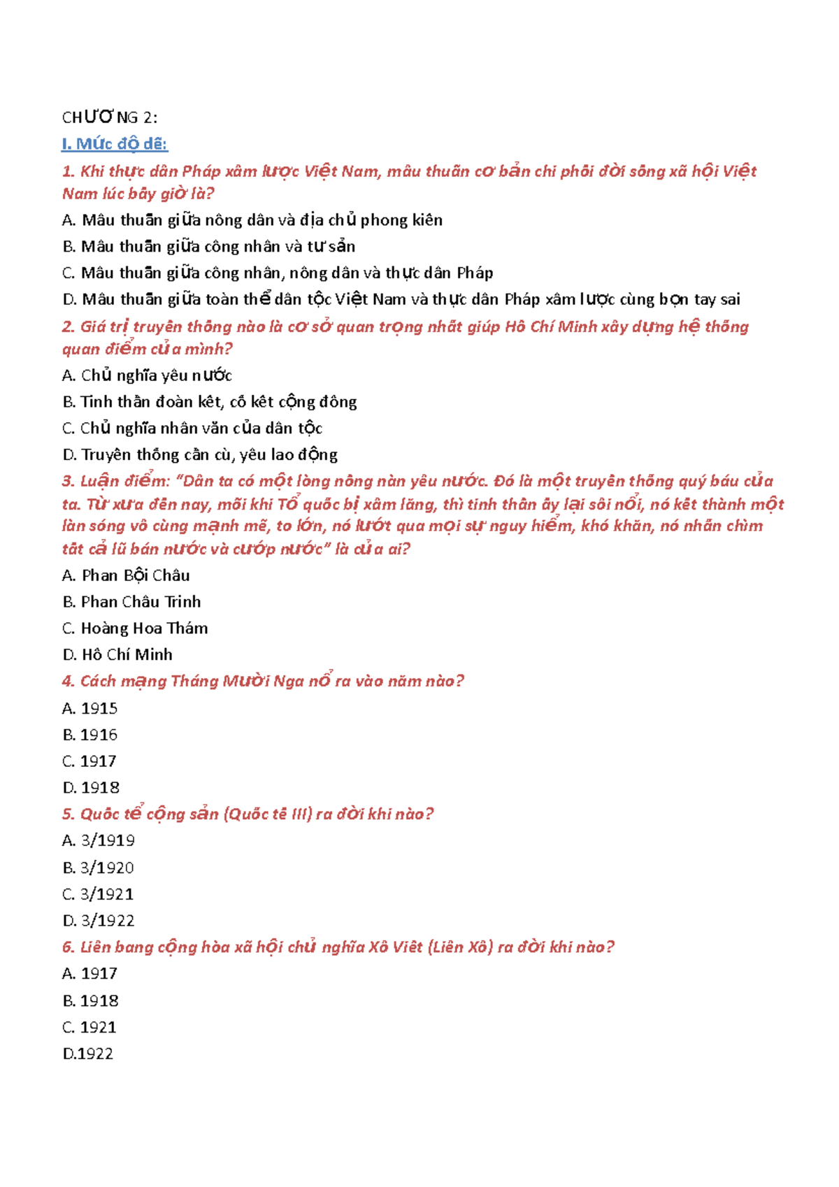 TN TƯ TƯỞNG HCM - CH ƯƠNG 2: I. M ức đ ộdễễ: Khi th ực dân Pháp xâm l ược Vi ệt Nam, mâu thuâẫn ...