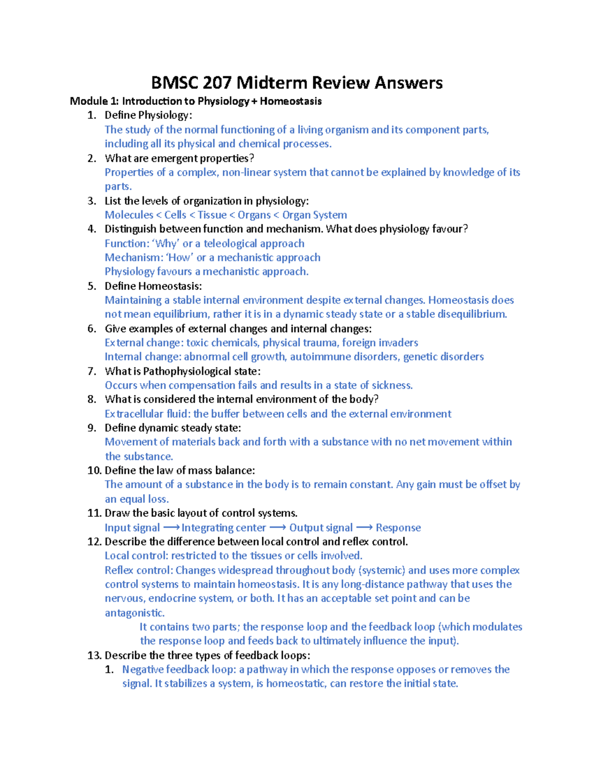 BMSC 207 Midterm Review Answers - BMSC 207 Midterm Review Answers Module 1: Introduction to ...