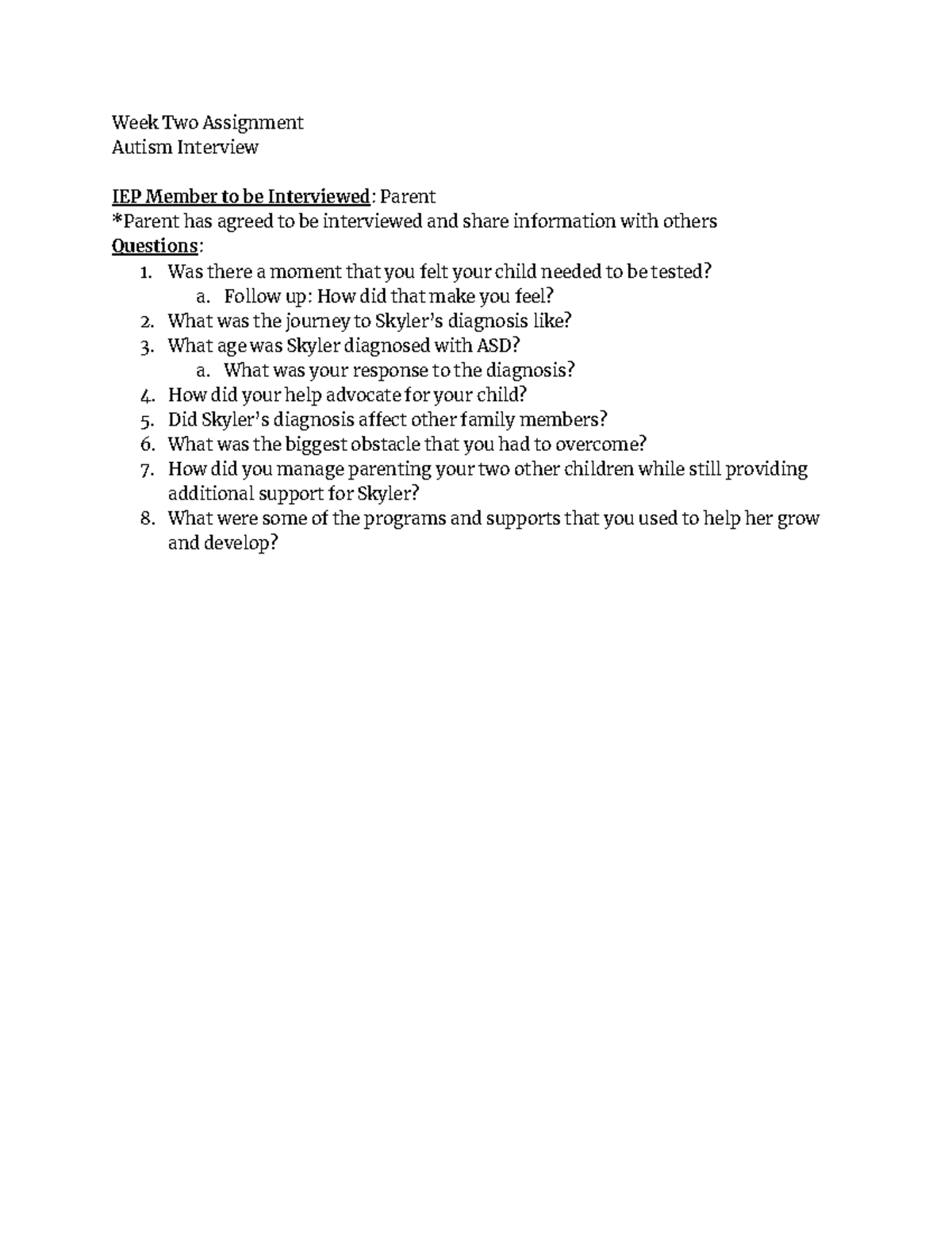 Autism Interview Questions - Week Two Assignment Autism Interview IEP ...