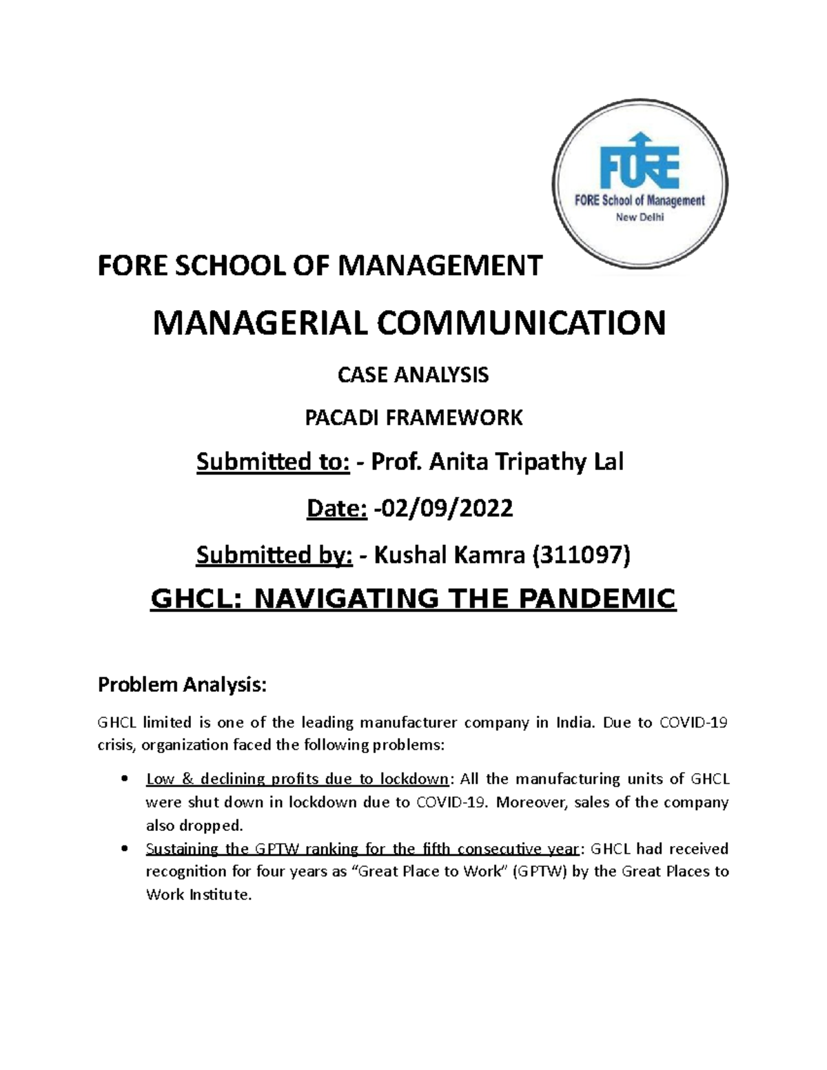 GHCL Pacadi Analysis - FORE SCHOOL OF MANAGEMENT MANAGERIAL ...