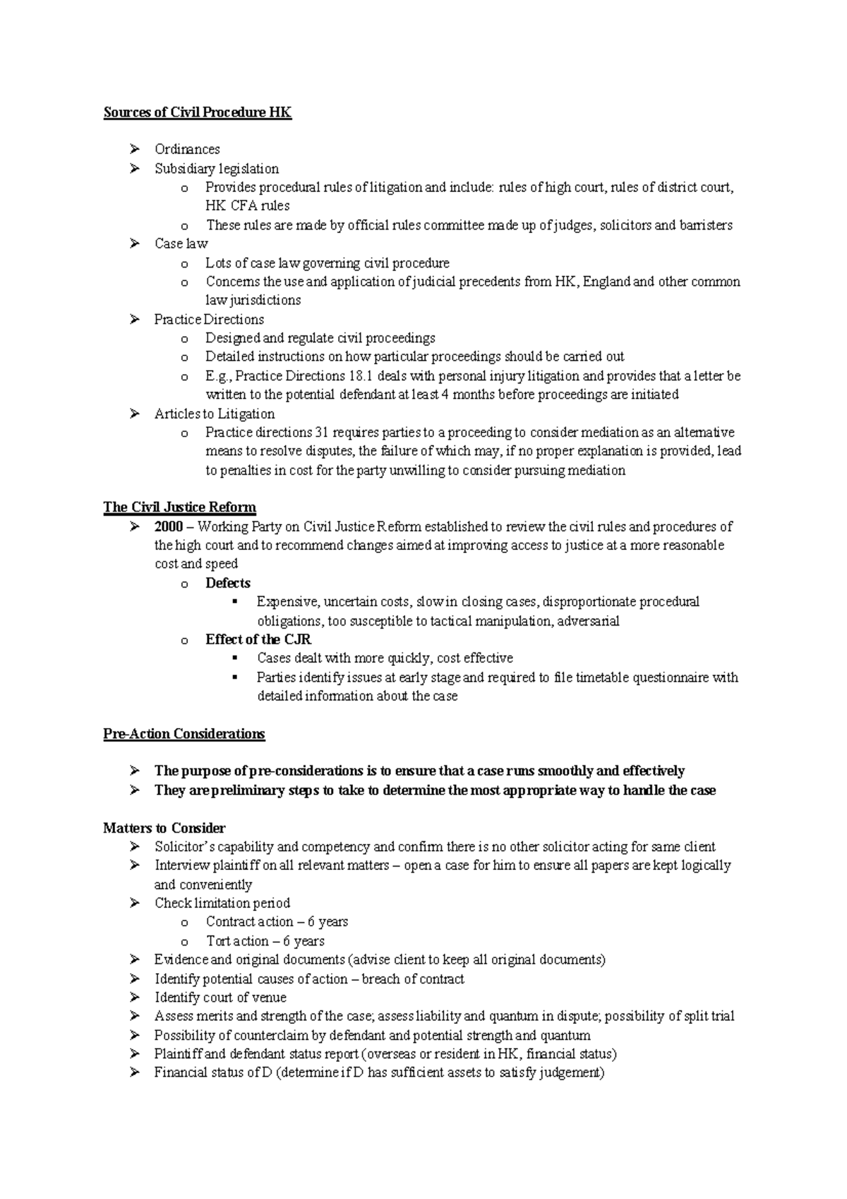 Civil Procedures Compact Notes - Sources of Civil Procedure HK Ø ...