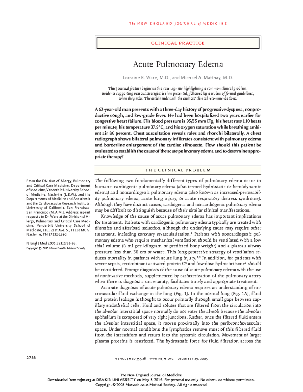 Acute Pulmonary Oedema Paper 2021 - clinical practice The new england ...