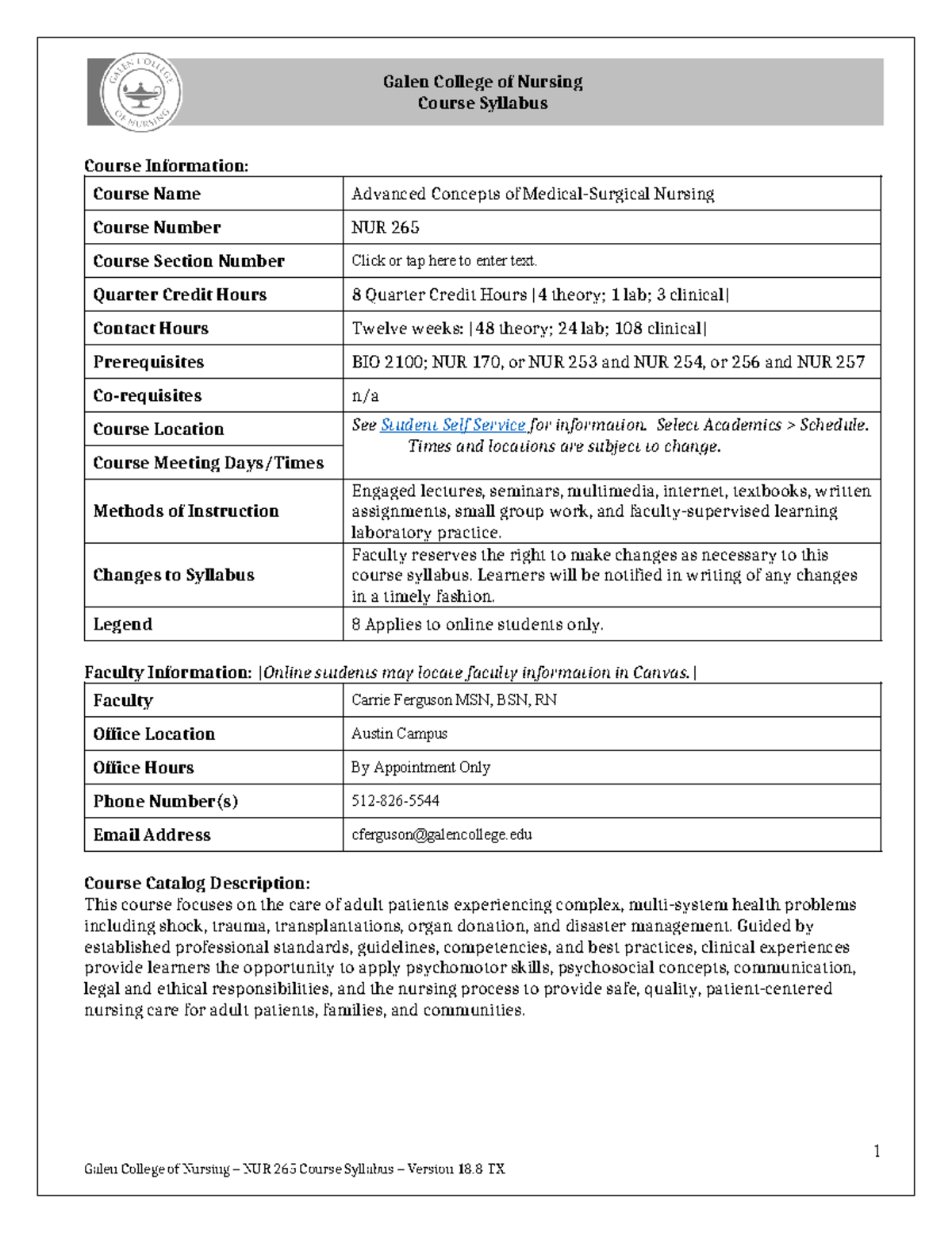 Syllabus-Fall 2024 265 - Galen College of Nursing Course Syllabus ...