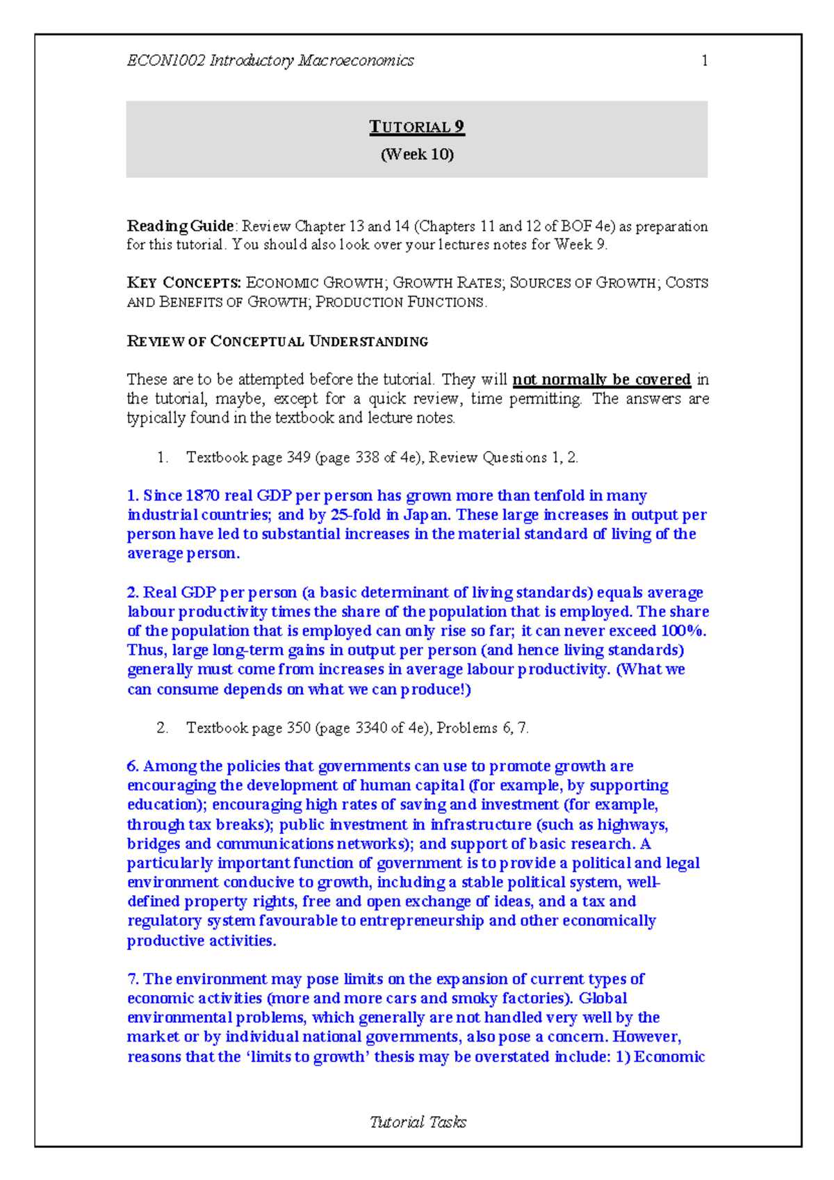 Tutorial 09 (Answers) - Tut - ECON1002 Introductory Macroeconomics ...