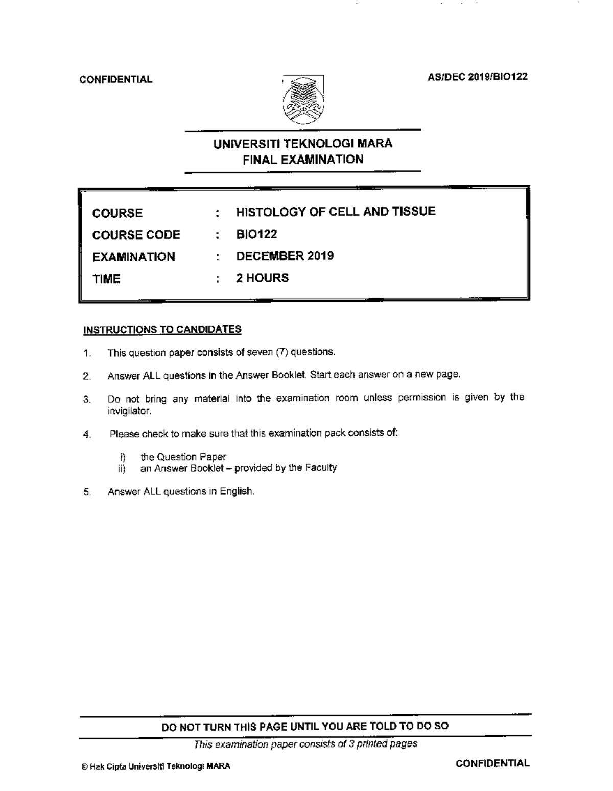 Faculty Applied Sciences 2020 Session 1 - PRA- Diploma DAN Diploma BIO122 3 - CONFIDENTIAL - Studocu