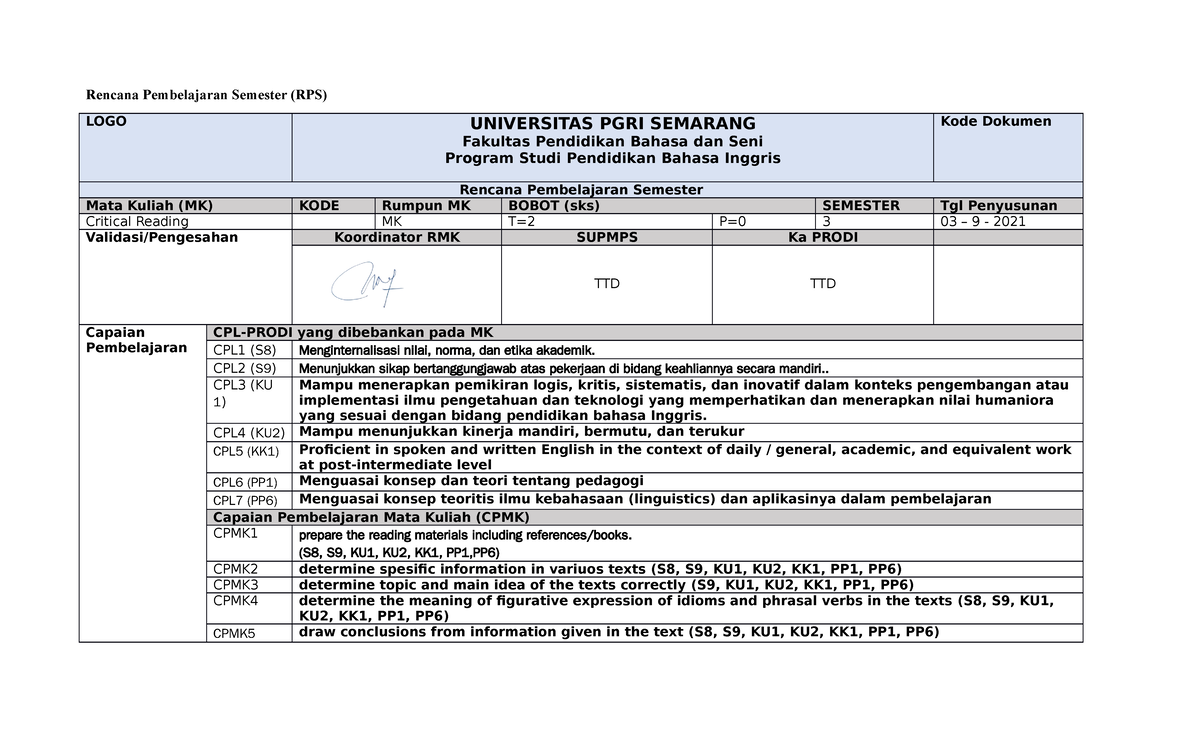 RPS Critical Reading - Rencana Pembelajaran Semester (RPS) LOGO ...