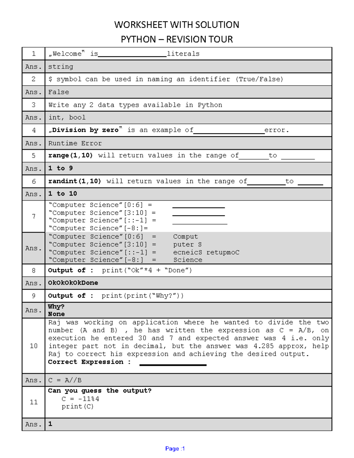Solution Revision TOUR Worksheet - WORKSHEET WITH SOLUTION PYTHON – REVISION TOUR 1 „Welcome‟ is ...