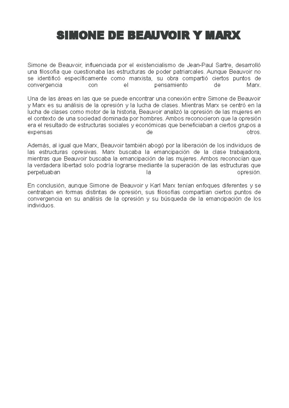 Relación - SIMONE DE BEAUVOIR Y MARX Simone de Beauvoir, influenciada ...