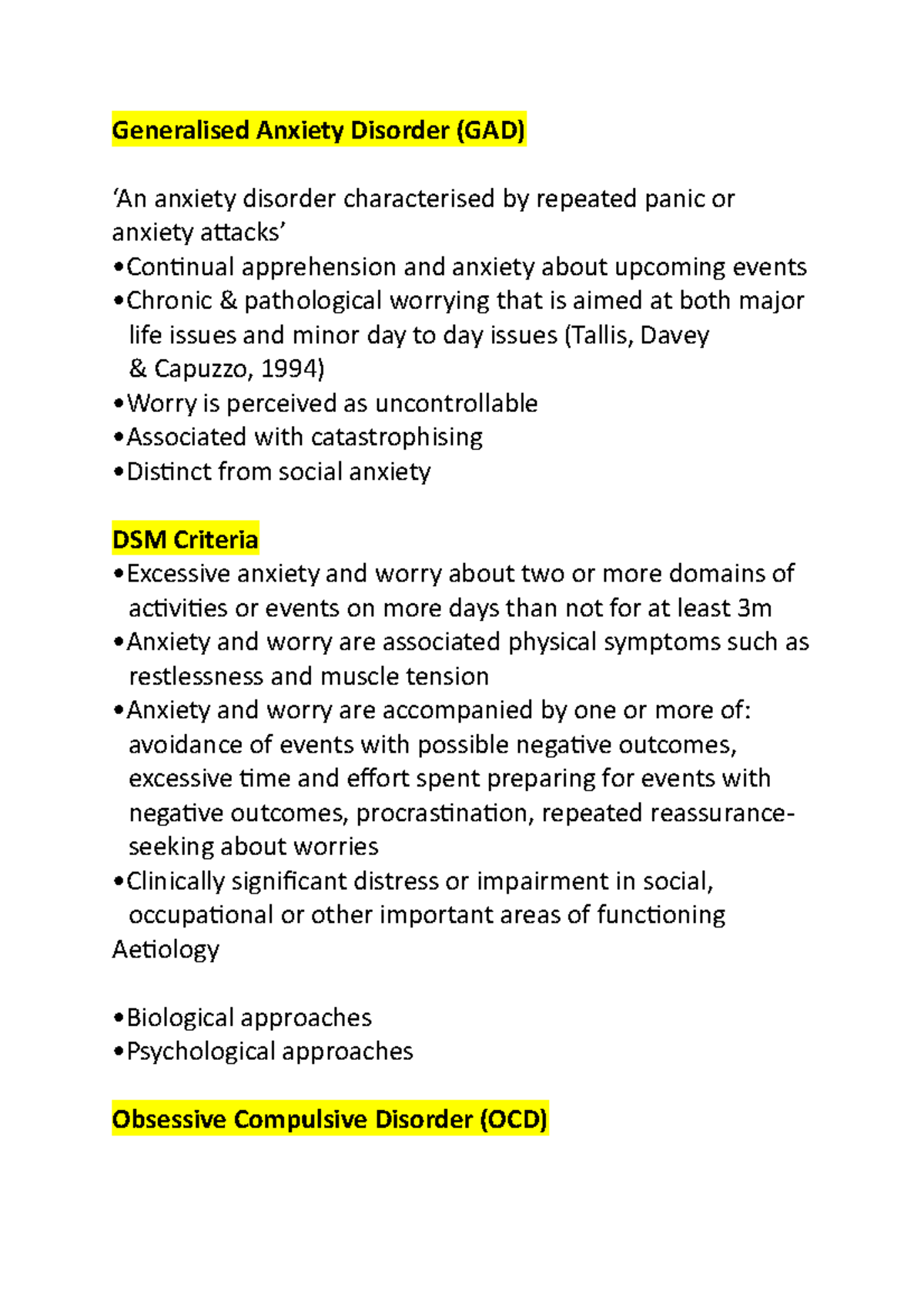 GAD and OCD - Lecture notes 4 - Generalised Anxiety Disorder (GAD) ‘An ...