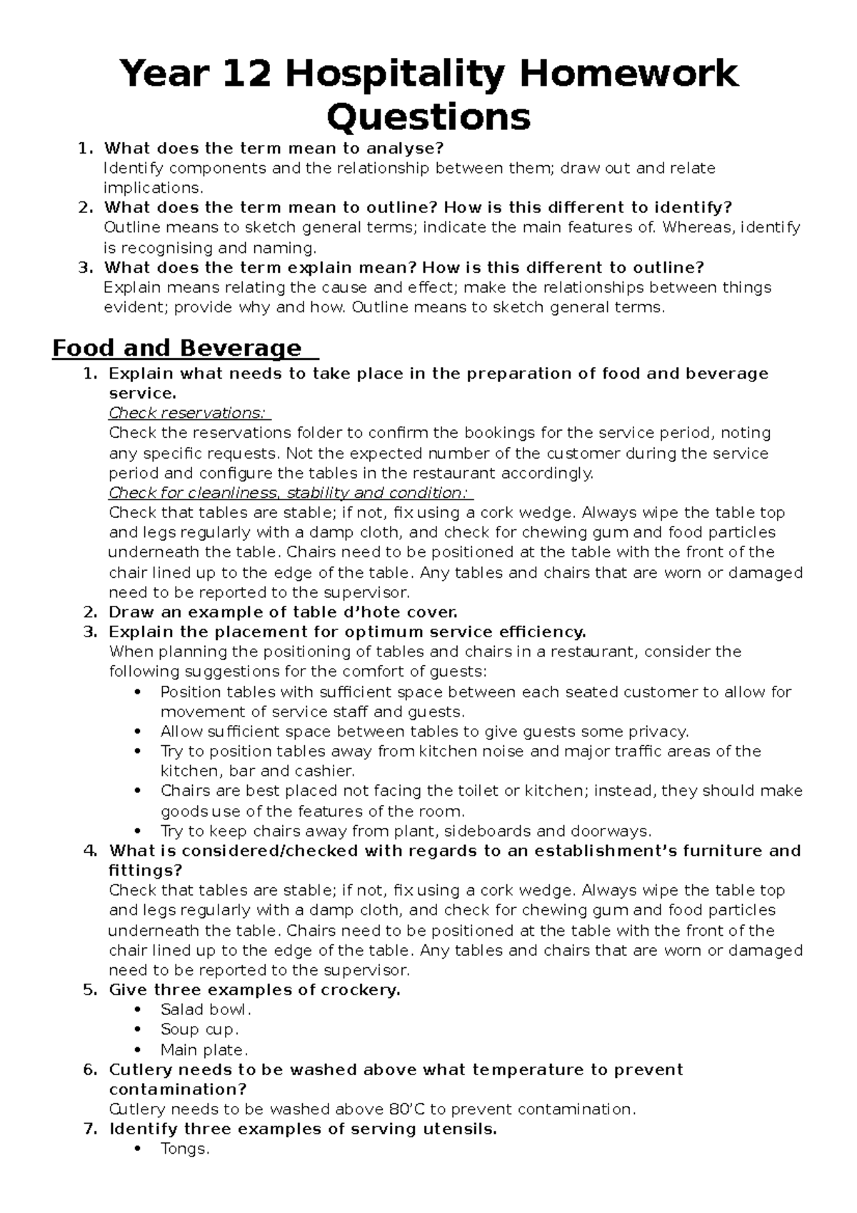 Revision Questions - Year 12 Hospitality Homework Questions What does ...