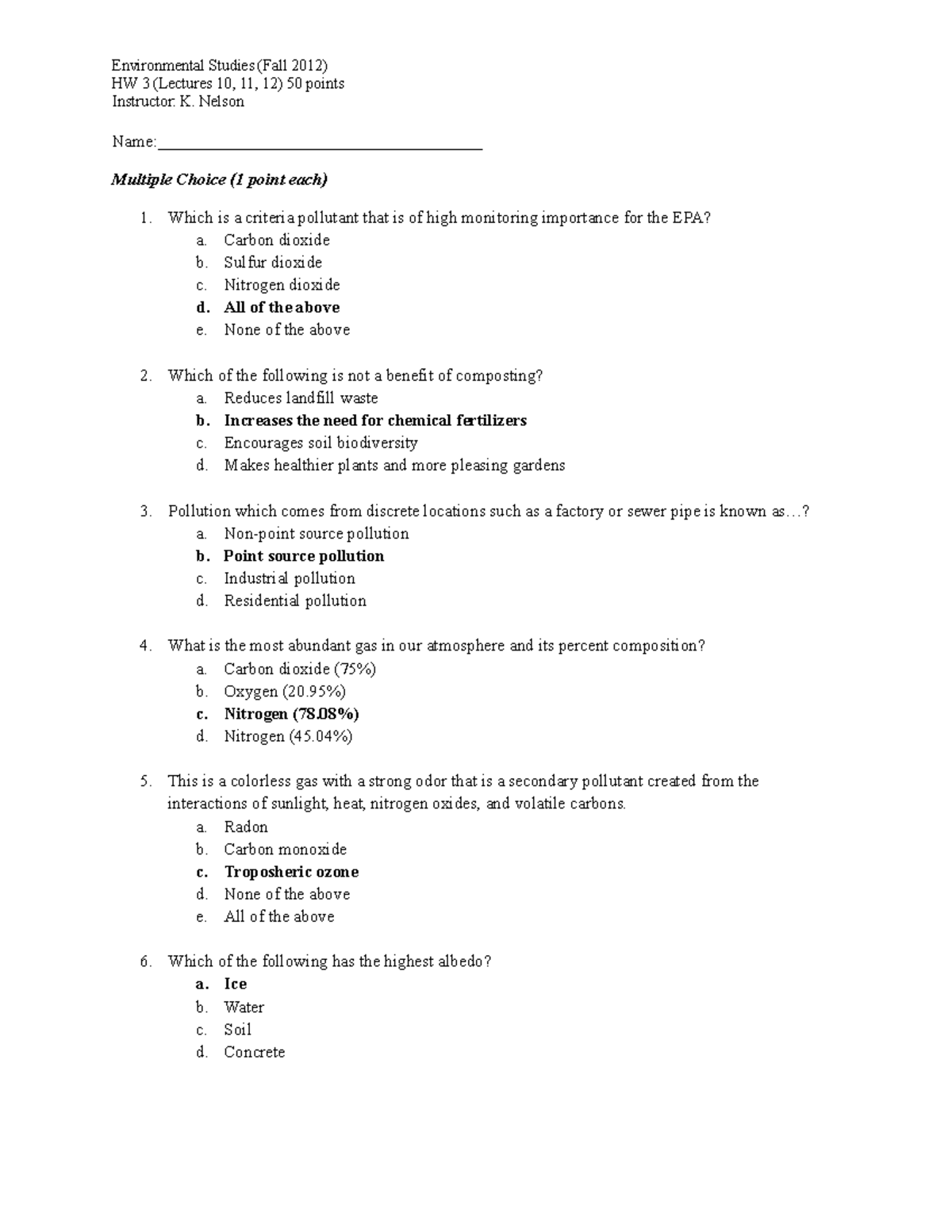 HW 3 (Lects 10, 11, 12) with answers - Environmental Studies (Fall 2012 ...