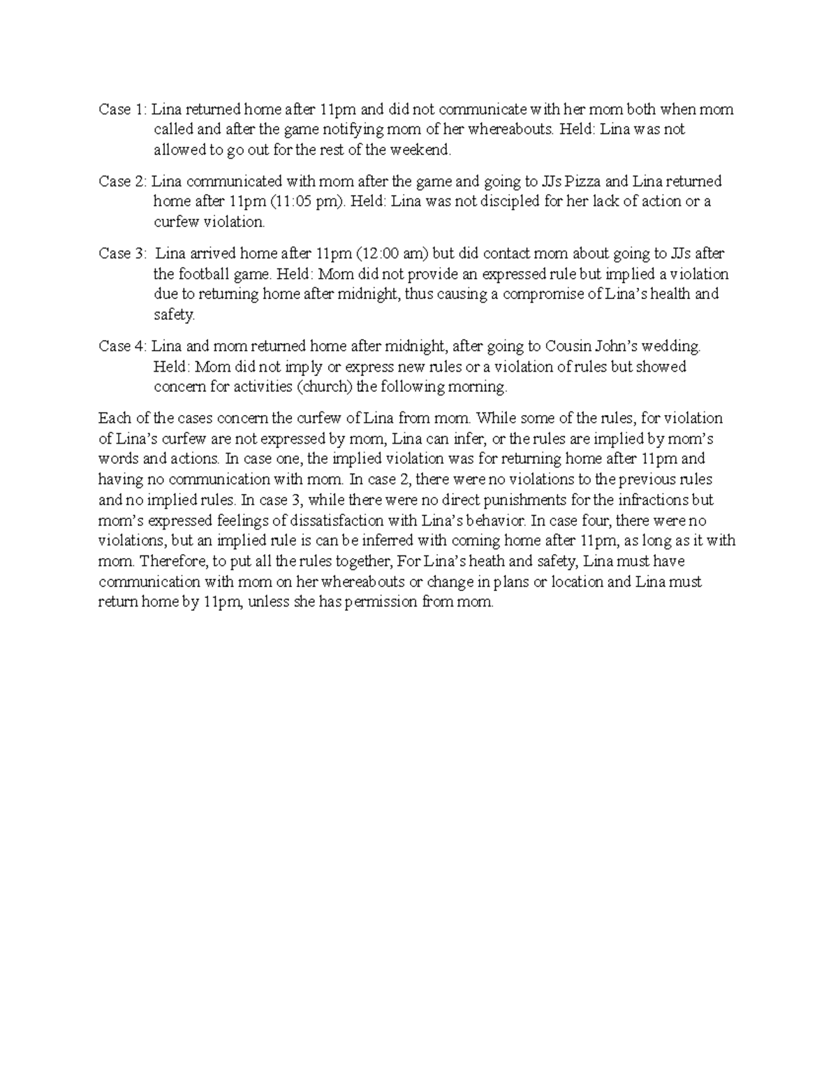 M2 D1 - Lina Synthesized Rule Analysis - Case 1: Lina returned home ...
