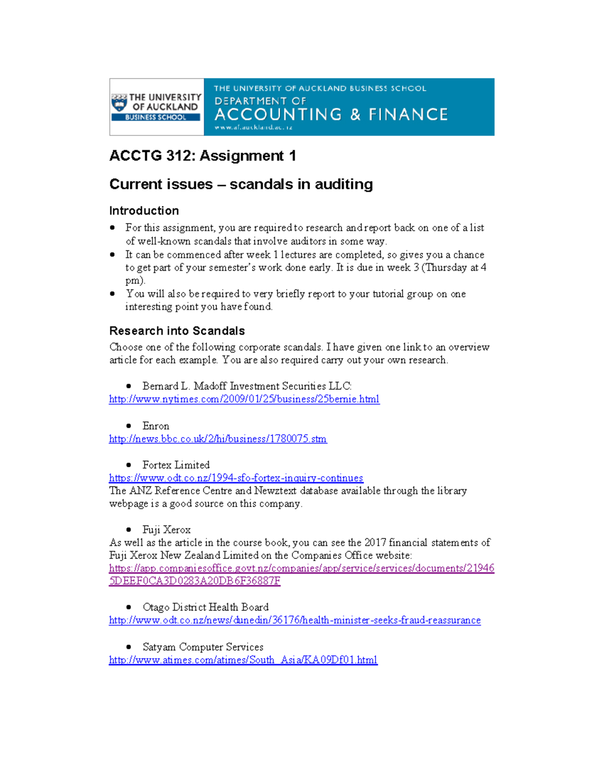 Assignment 1 Scandals in auditing - ACCTG 312: Assignment 1 Current ...