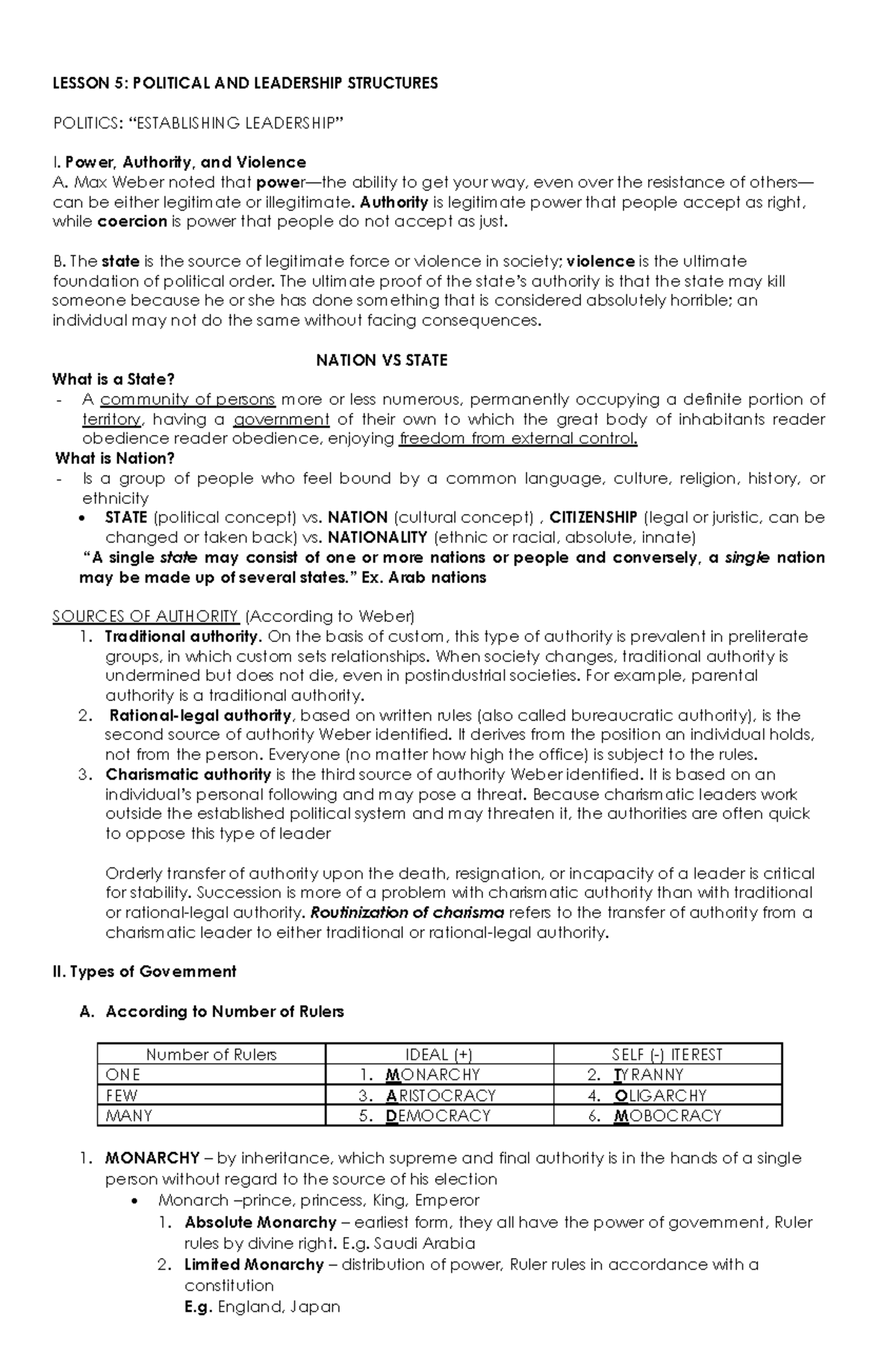 Political Science - LESSON 5: POLITICAL AND LEADERSHIP STRUCTURES ...