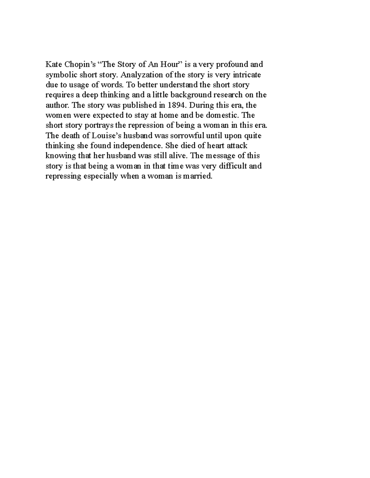 Analysis of "The Story of An Hour" - Kate Chopin’s “The Story of An ...