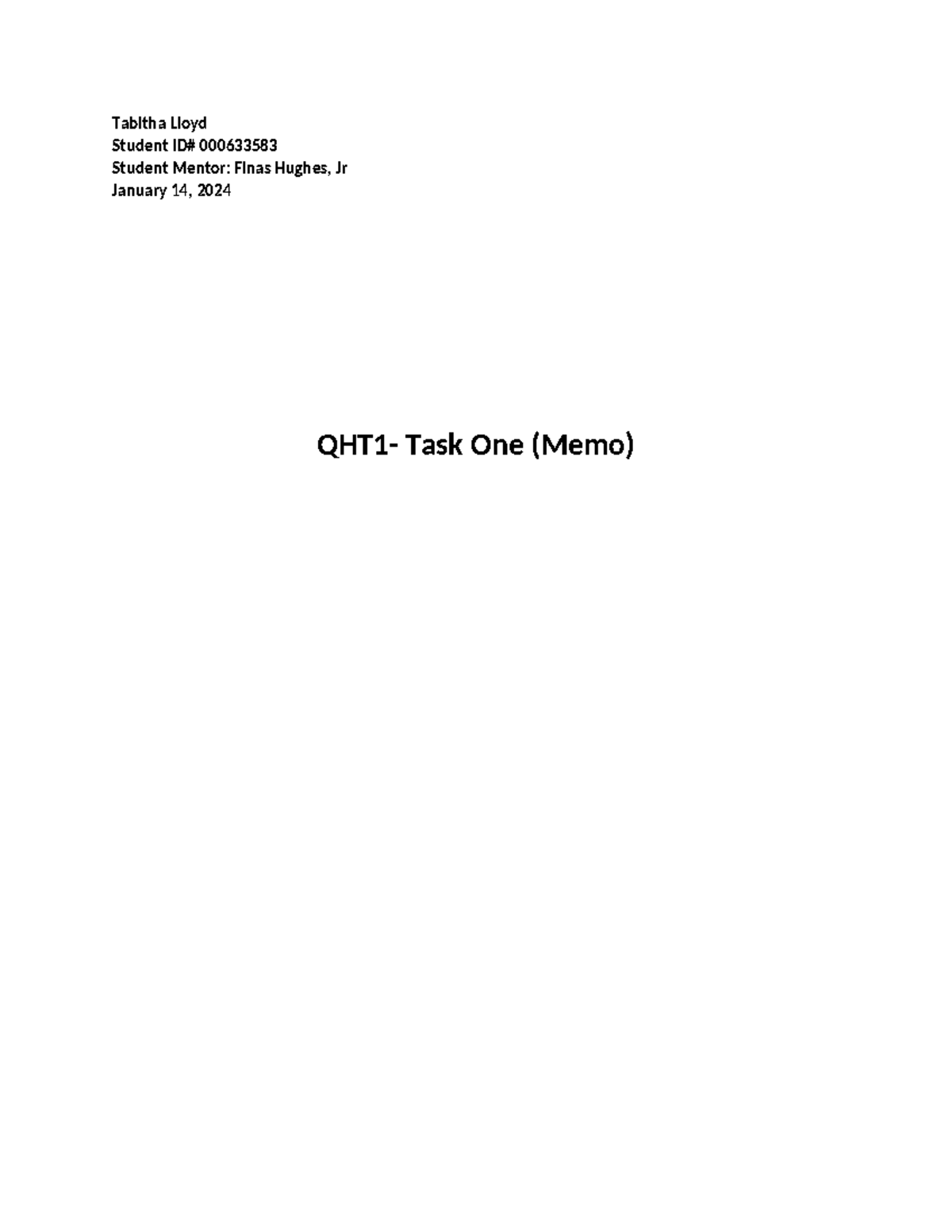 QHT1 Task1 - assessment - Tabitha Lloyd Student ID# 000633583 Student ...