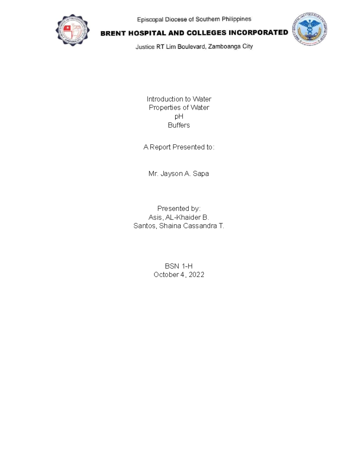 Water Report - NOtes - Introduction to Water Properties of Water pH ...