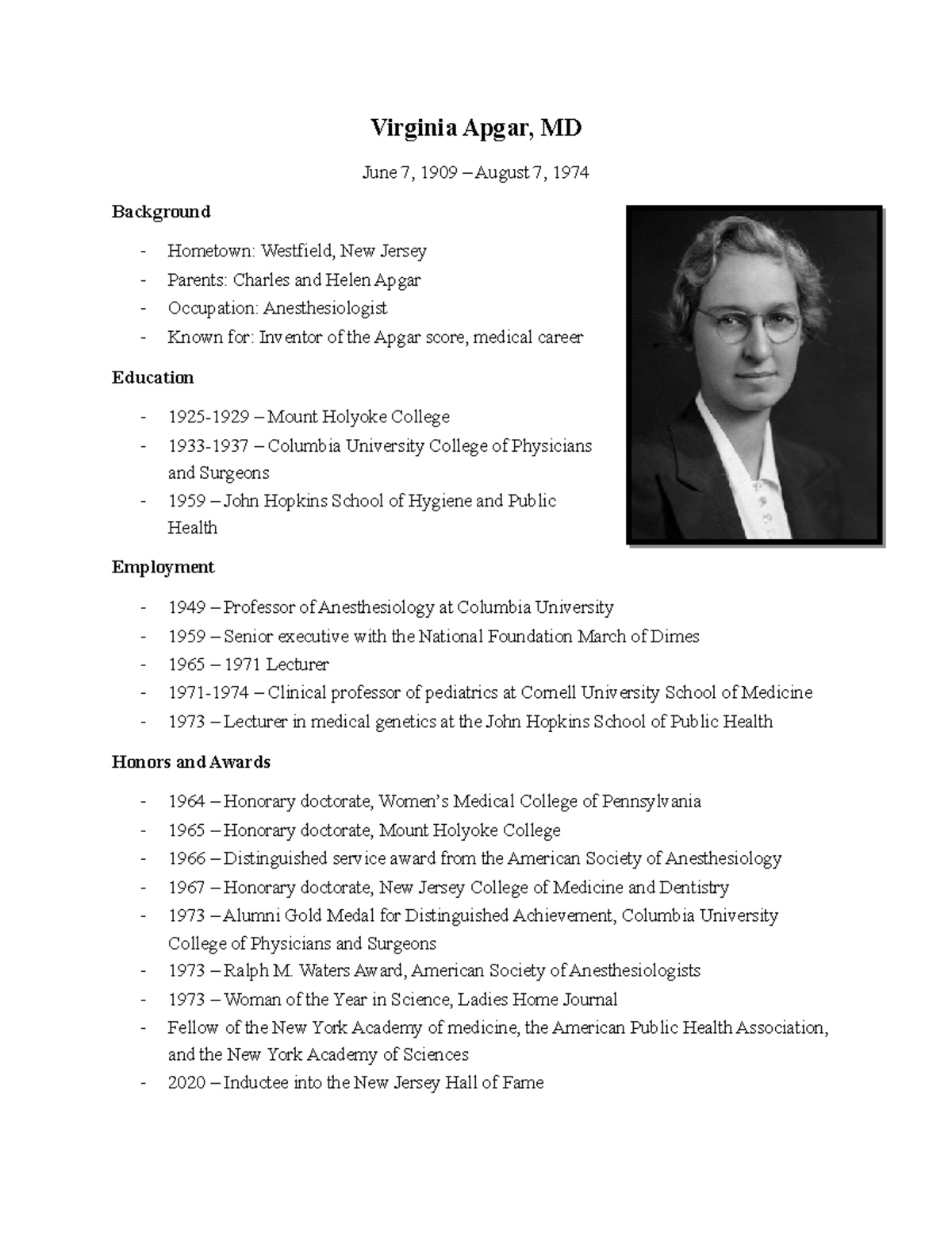Virginia Apgar - Essay - Virginia Apgar, MD June 7, 1909 – August 7 ...