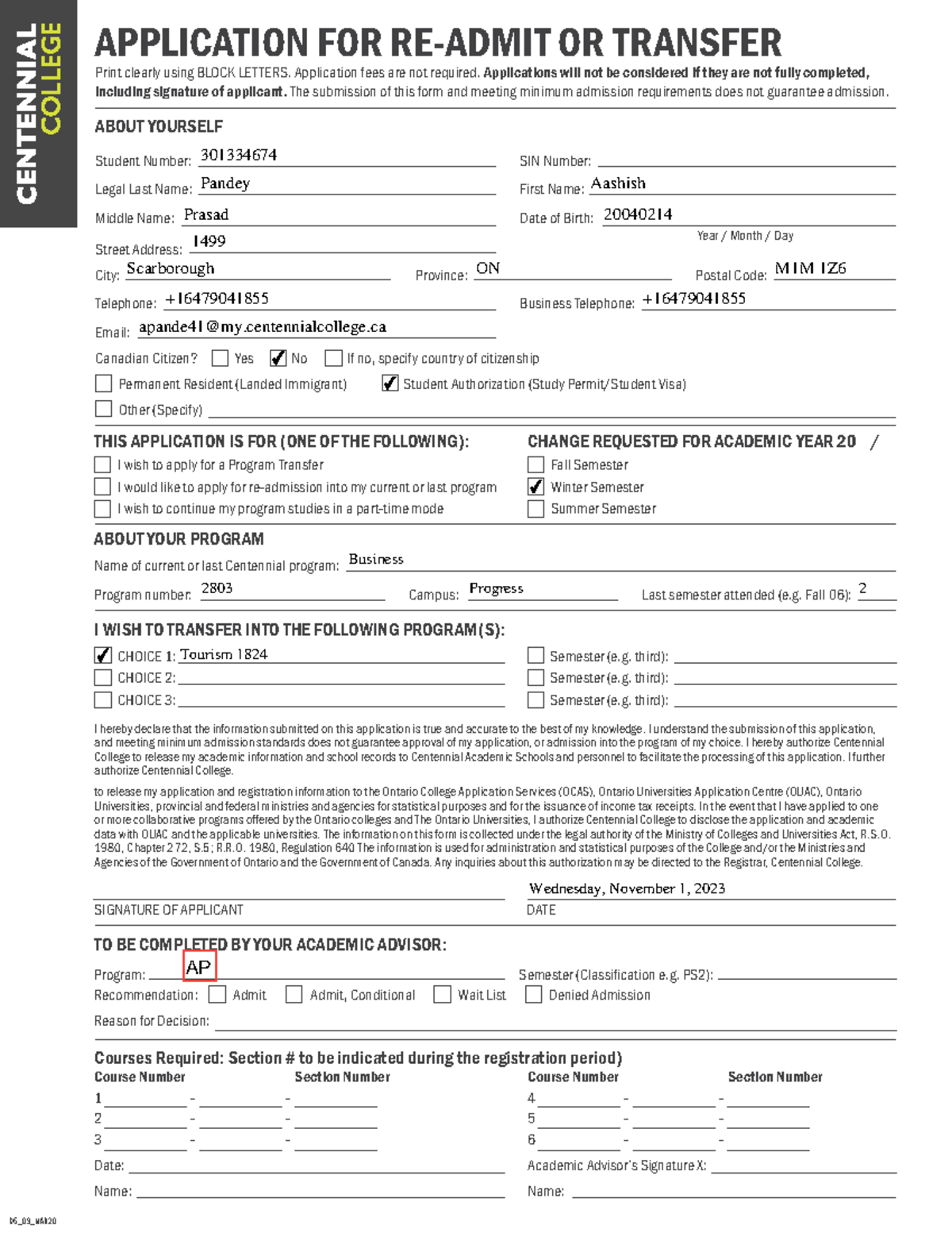 Application readmit or transfer s1 - I WISH TO TRANSFER INTO THE ...