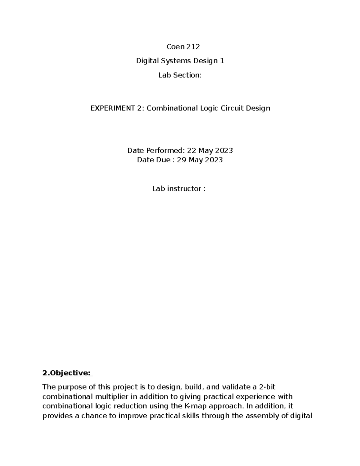 Lab 2 coen 202 - lab report 2 (summer 2) - Coen 212 Digital Systems Design 1 Lab Section ...