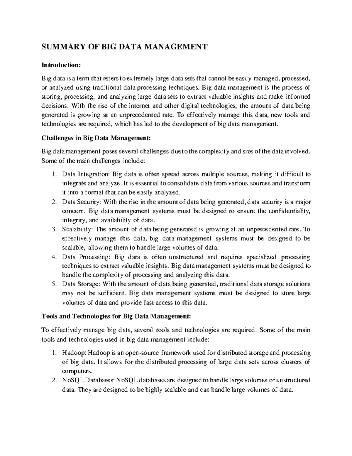 Summary of BIG DATA Management - SUMMARY OF BIG DATA MANAGEMENT ...
