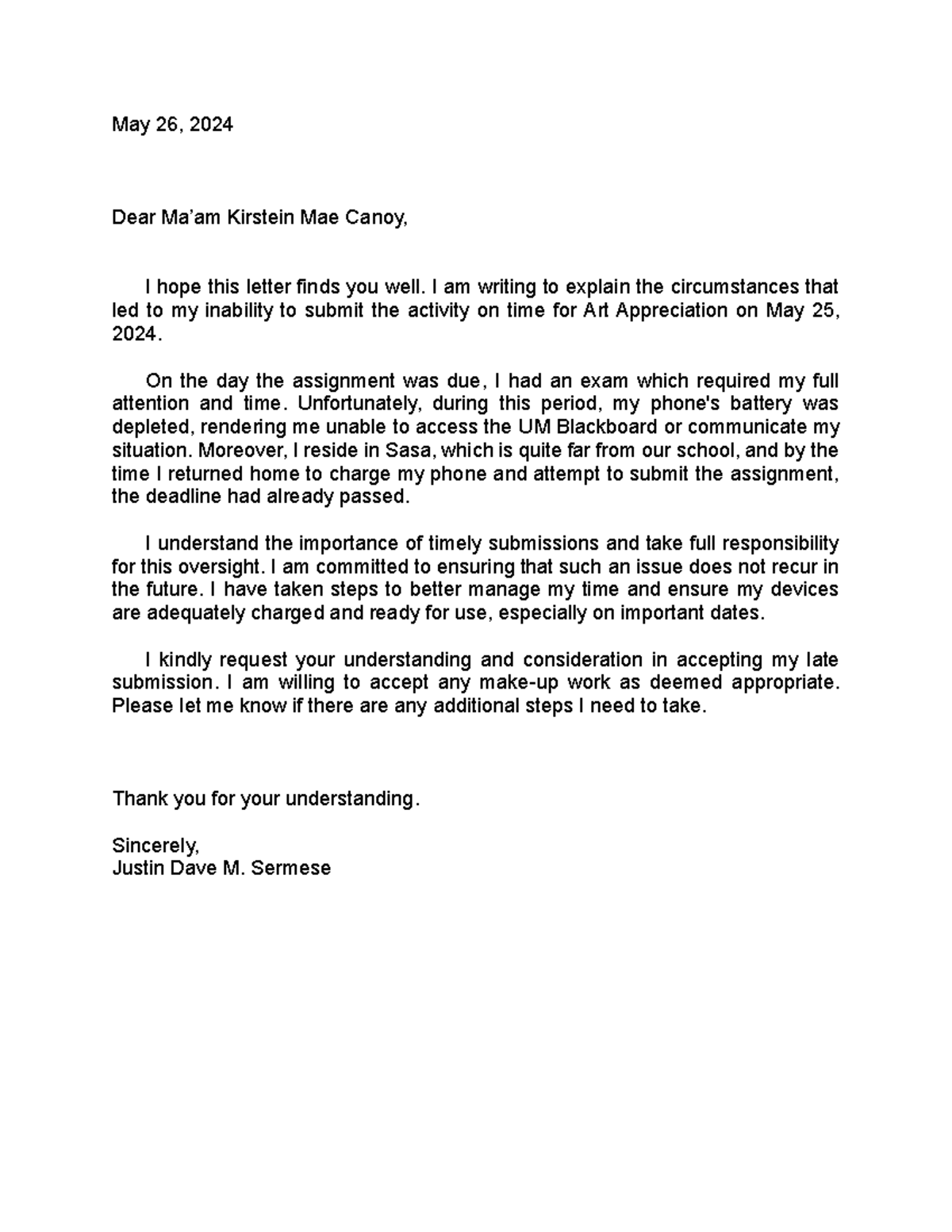 Sermese Explanation Letter - May 26, 2024 Dear Ma’am Kirstein Mae Canoy ...