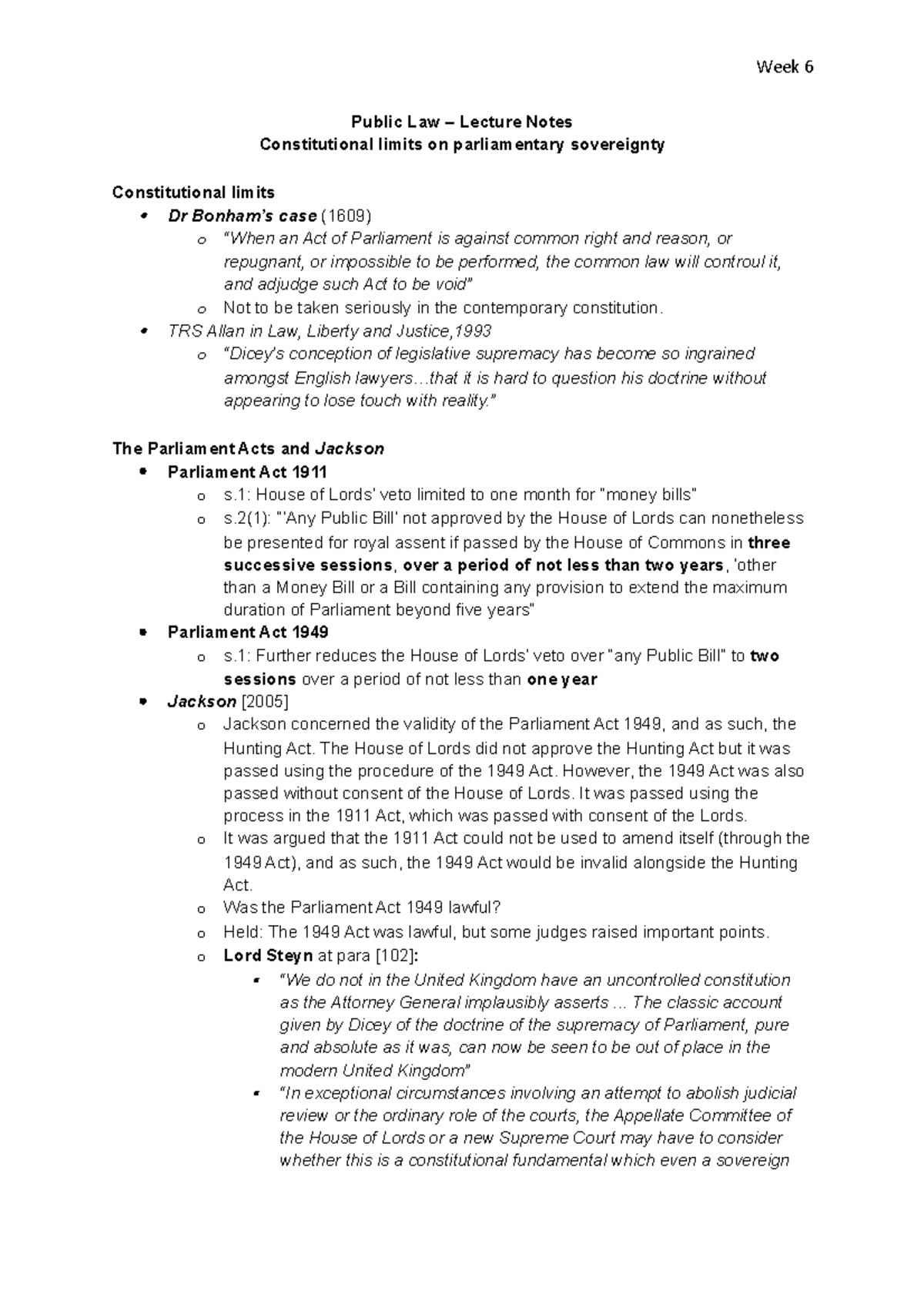 Week 6 - Constitutional limits on parliamentary sovereignty - Public ...