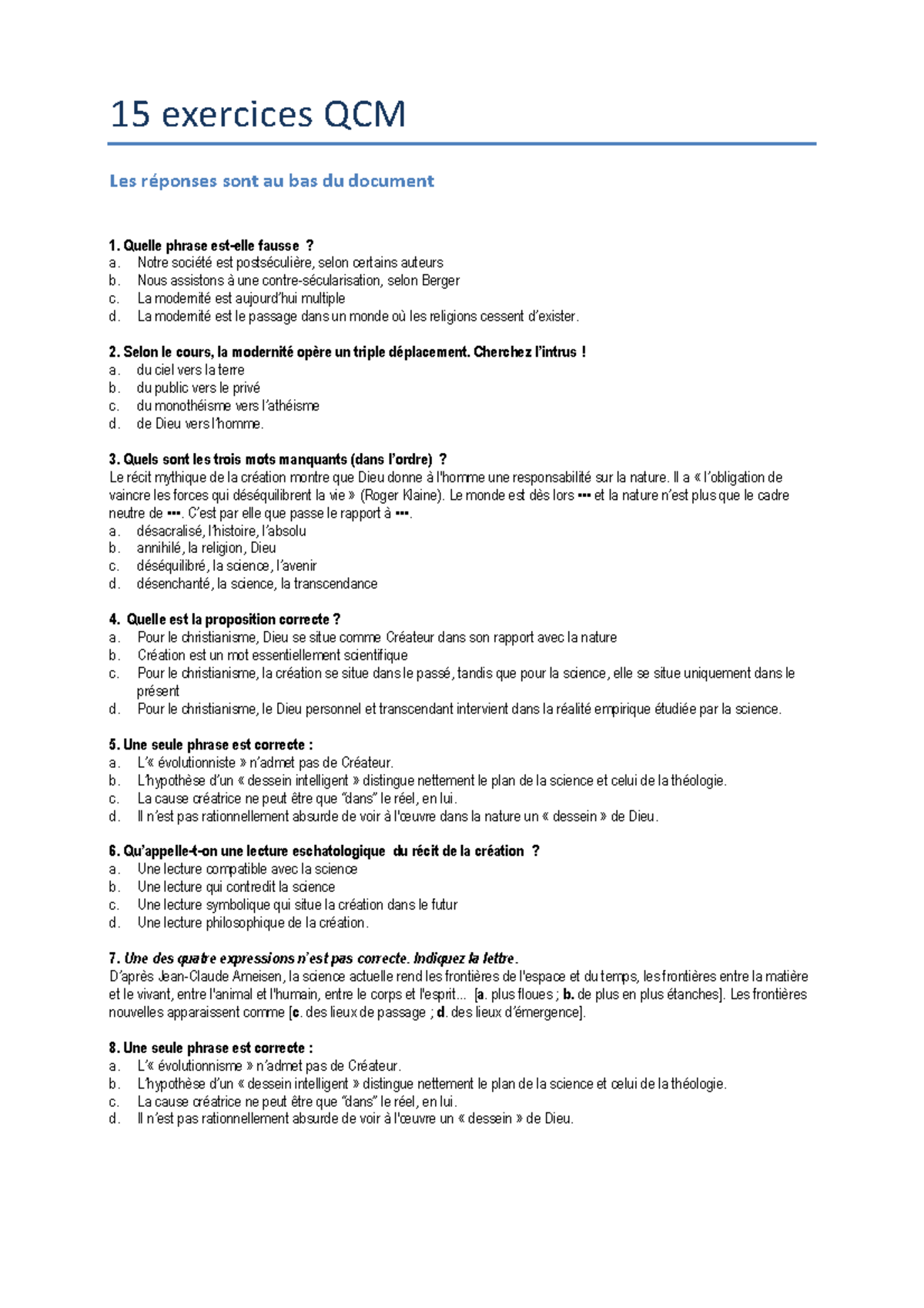 QCM-Test donné par le prof 2018 - 15 exercices QCM Les réponses sont au ...