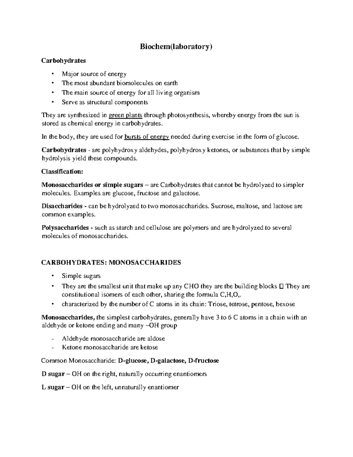 Biochem-LAB - Lab - Biochem(laboratory) Carbohydrates Major source of ...
