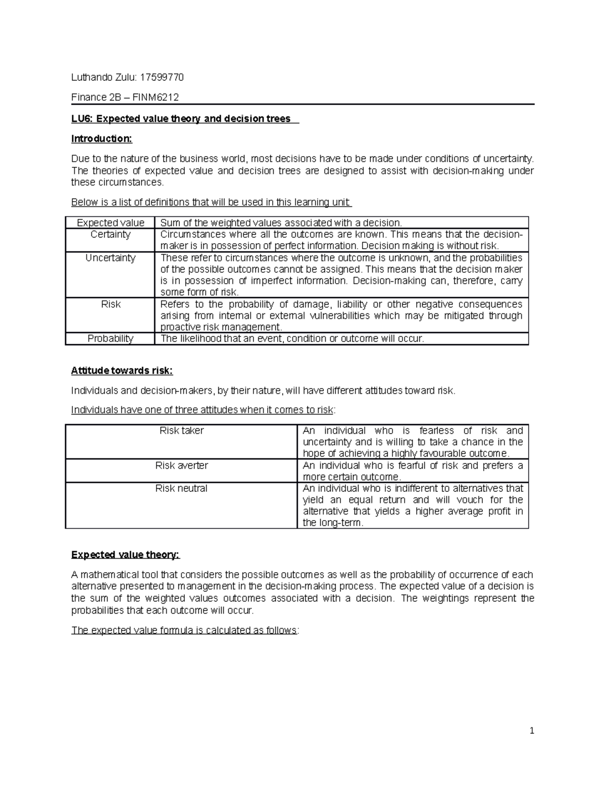 LU6 - Summary of LU6 - Luthando Zulu: 17599770 Finance 2B – FINM LU6 ...