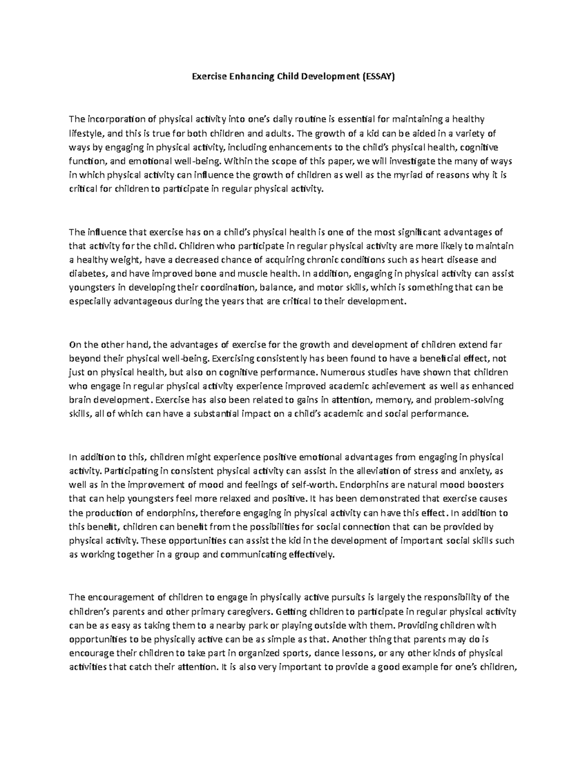 Exercise Enhancing Child Development (Essay) - Exercise Enhancing Child ...