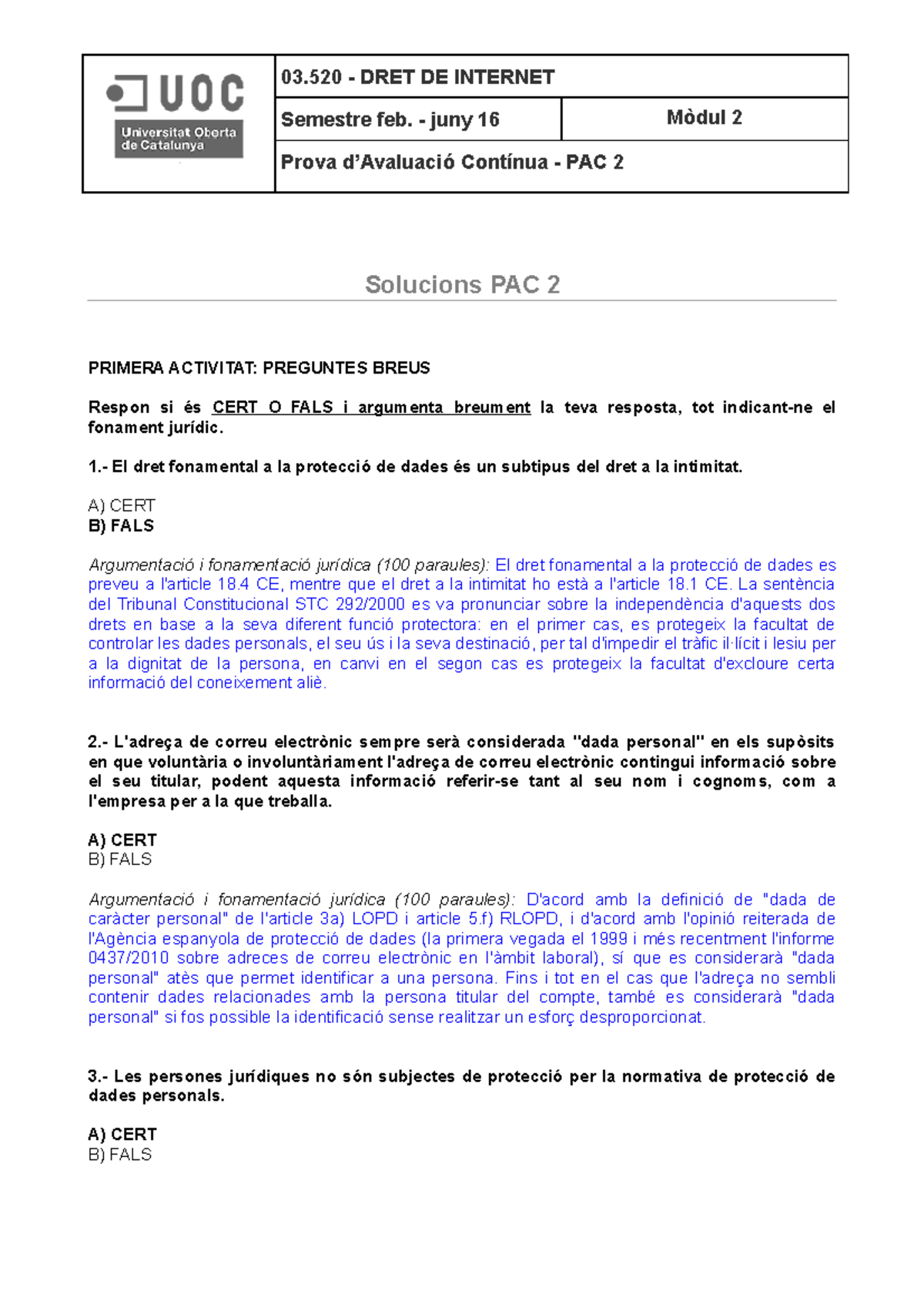 Solució PAC 2 - Dret d Internet - Semestre feb. - juny 16 Mòdul 2 Prova d’Avaluació Contínua ...