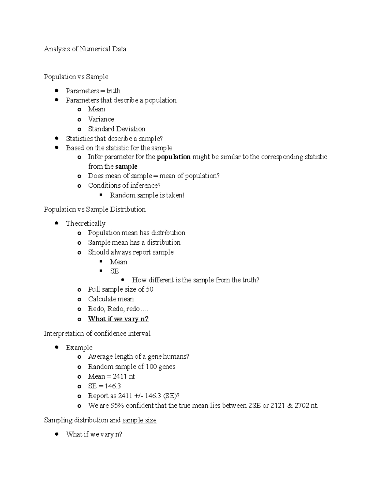 Week 3 Lecture 1 - Analysis of Numerical Data Population vs Sample Parameters = truth Parameters ...