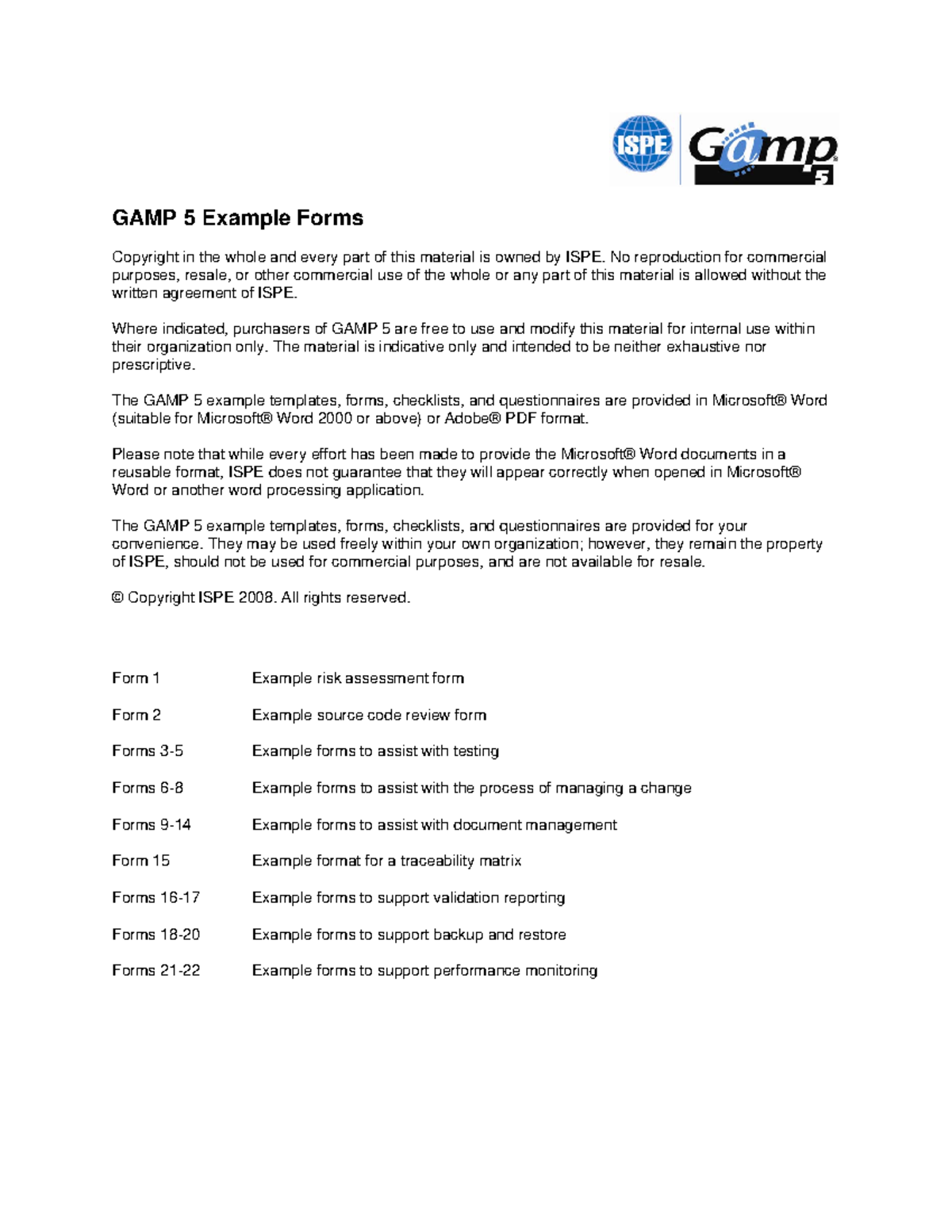 2 Example Forms GAMP 5 - Reporte de guia de validacion de sistemas ...