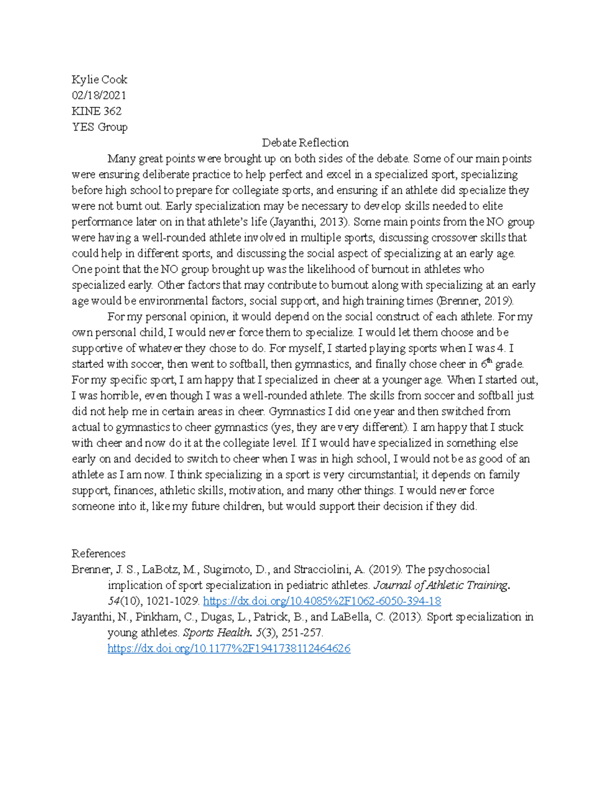 Cook Debate Reflection - Kylie Cook 02/18/ KINE 362 YES Group Debate ...