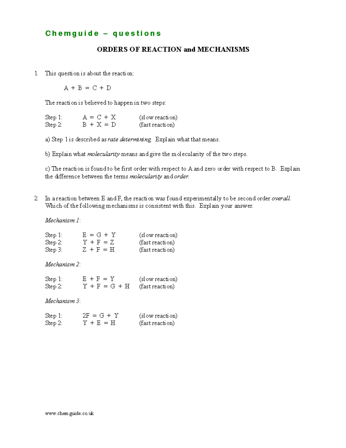 Mechanism Rate Law Practice Questions - Chemguide – questions ORDERS OF ...
