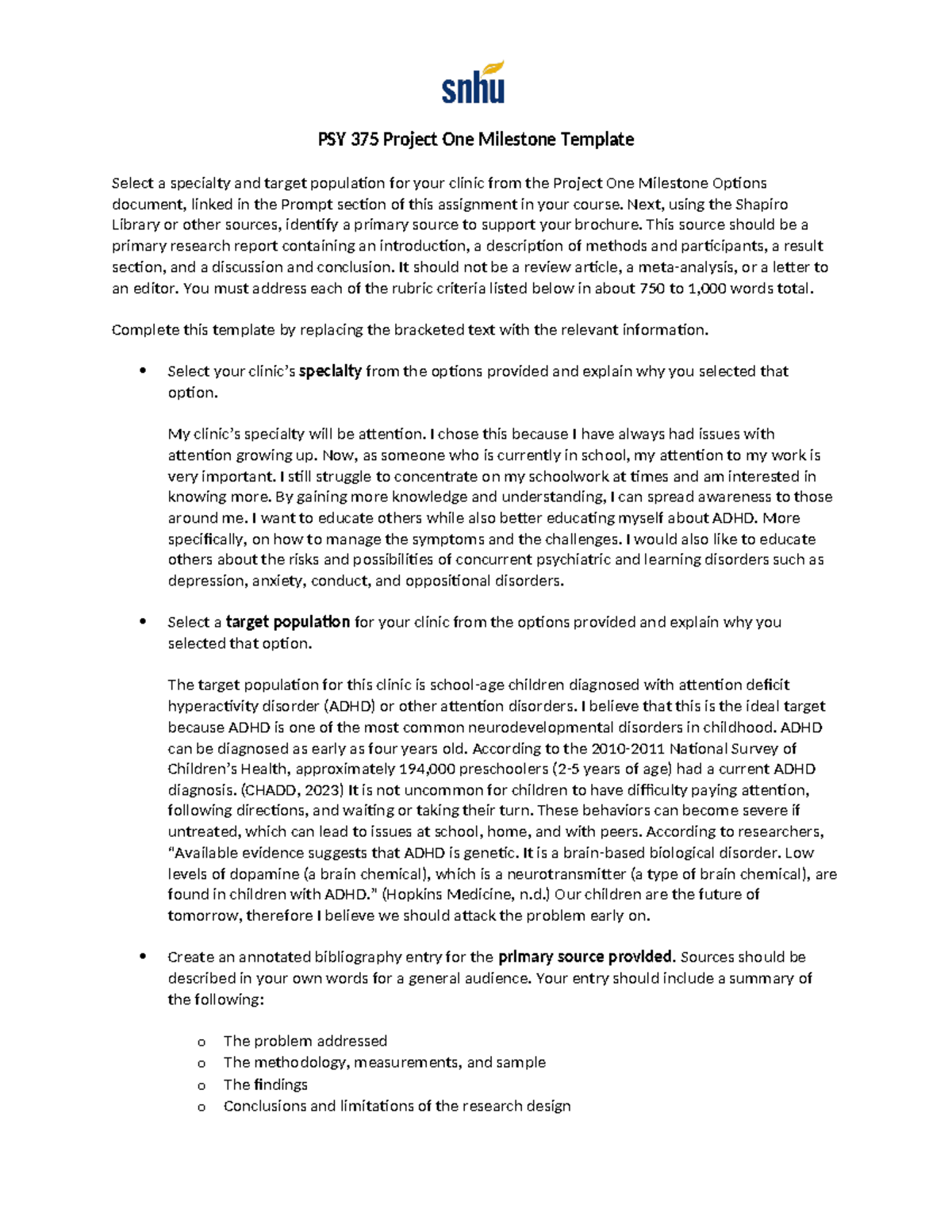PSY 375 Project One Milestone Template - PSY 375 Project One Milestone ...
