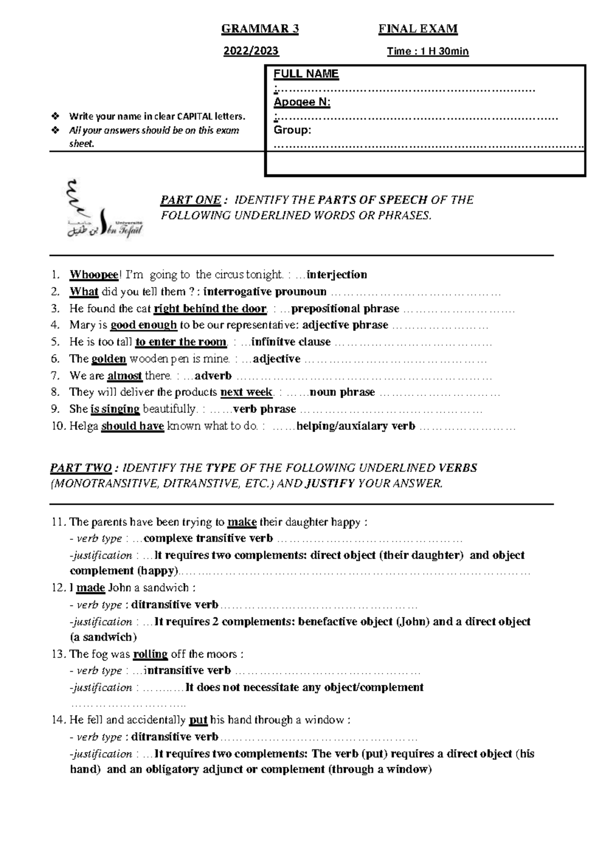Final EXAM - Grammar test - GRAMMAR 3 FINAL EXAM 2022/2023 Time : 1 H ...