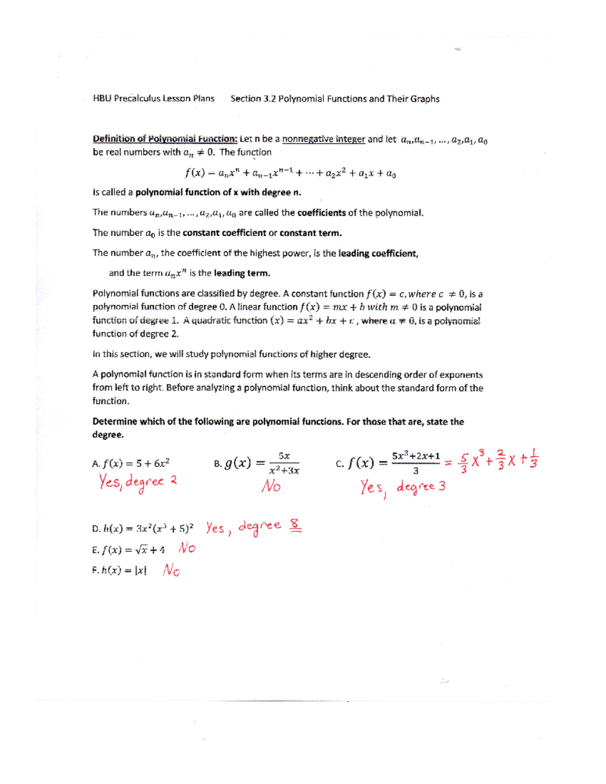Section 3.2 notes Polynomial Functions and Their Graphs with answers ...
