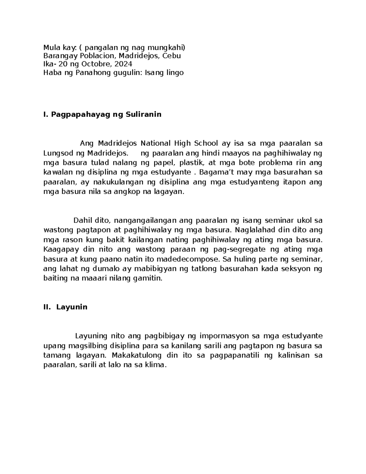 Memorandum - Mula kay: ( pangalan ng nag mungkahi) Barangay Poblacion ...