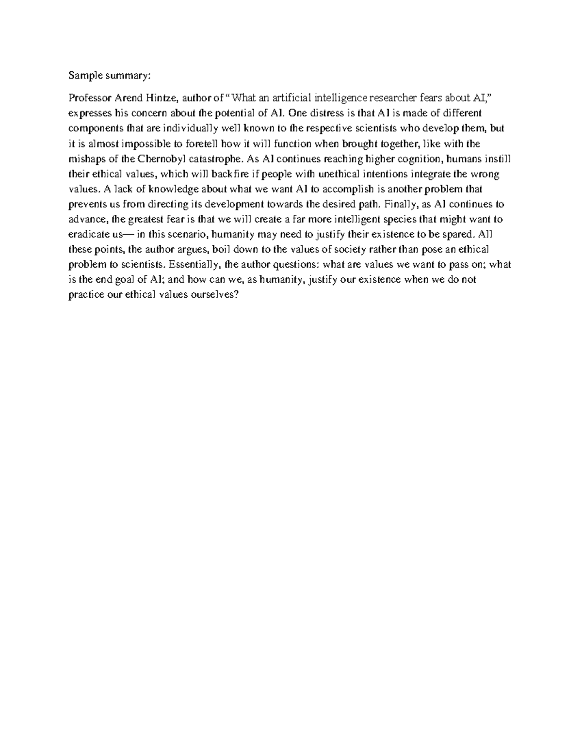 Sample Summary of AI article - Sample summary: Professor Arend Hintze ...