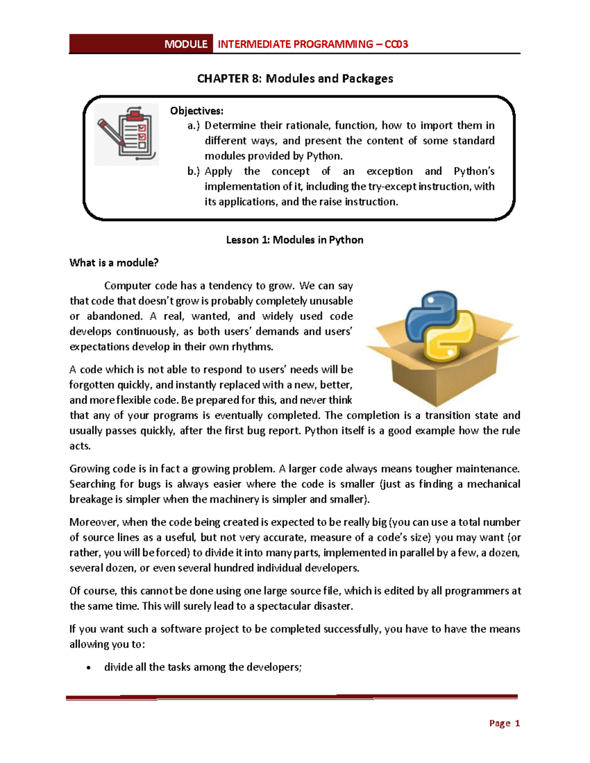 Modules and Packages - Objectives: a.) Determine their rationale ...