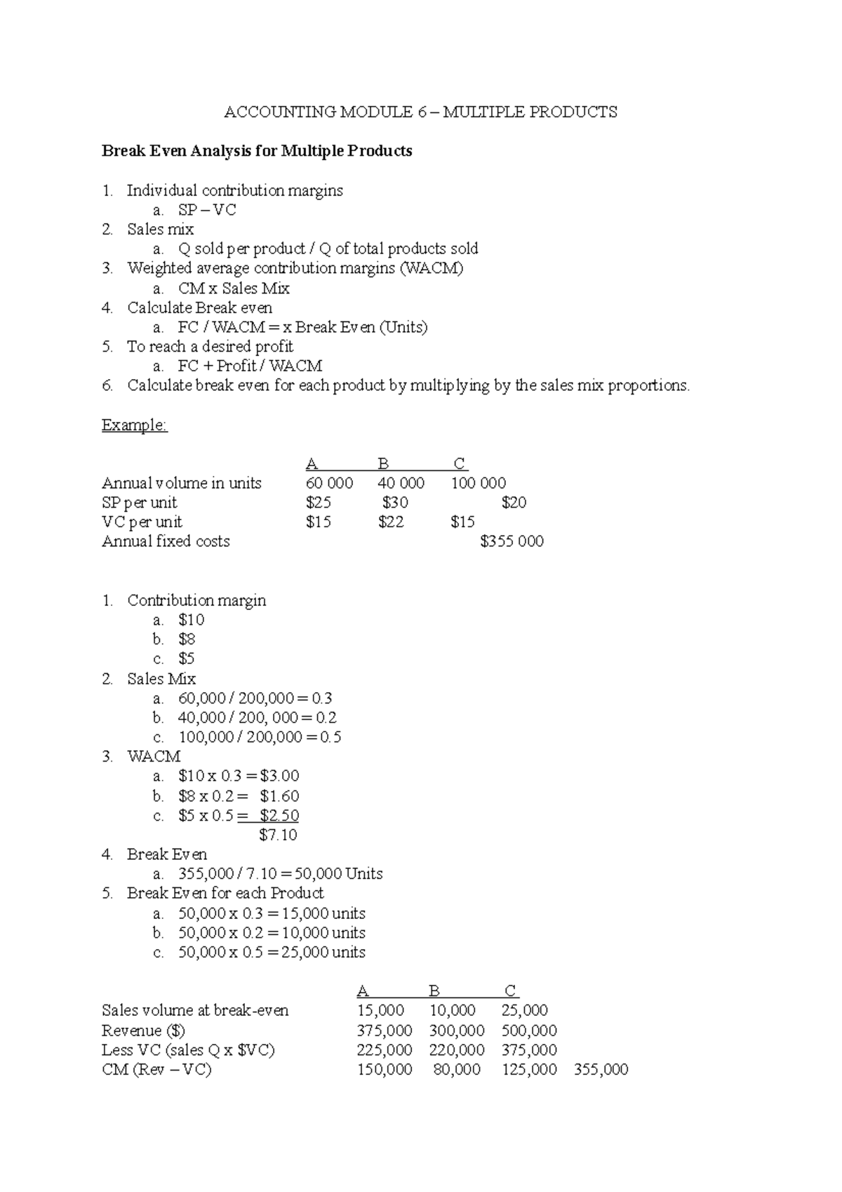 Module 6 Notes - ACCOUNTING MODULE 6 – MULTIPLE PRODUCTS Break Even ...