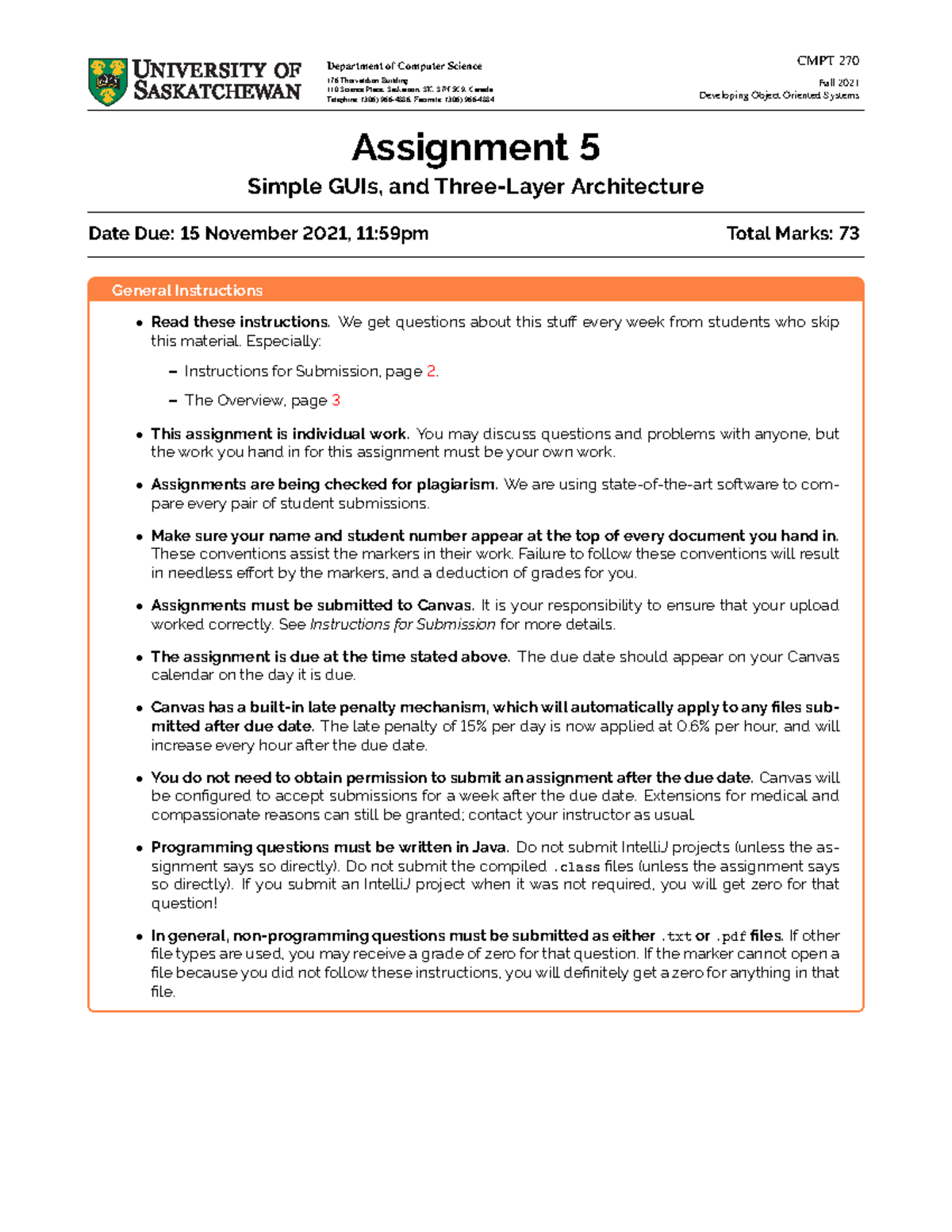 Asn5 - Assignment 5 - Department of Computer Science 176 Thorvaldson ...