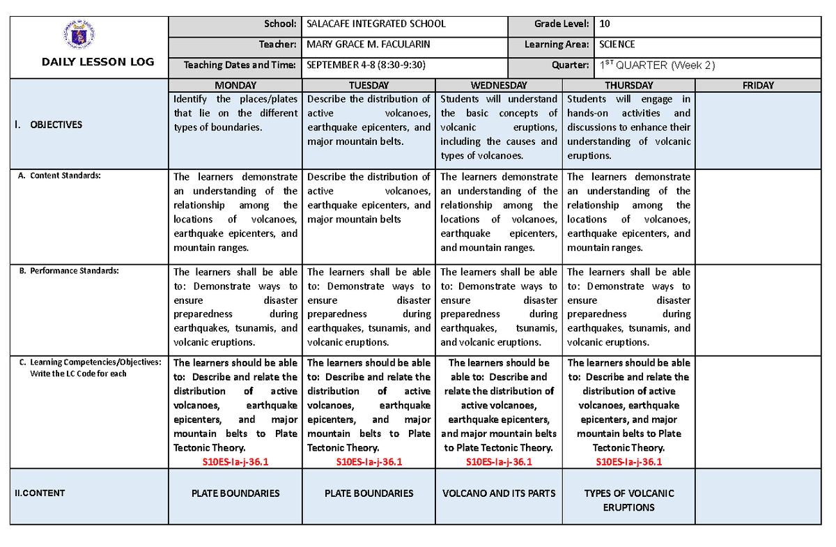 Science dll 2nd week - DAILY LESSON LOG School: SALACAFE INTEGRATED ...